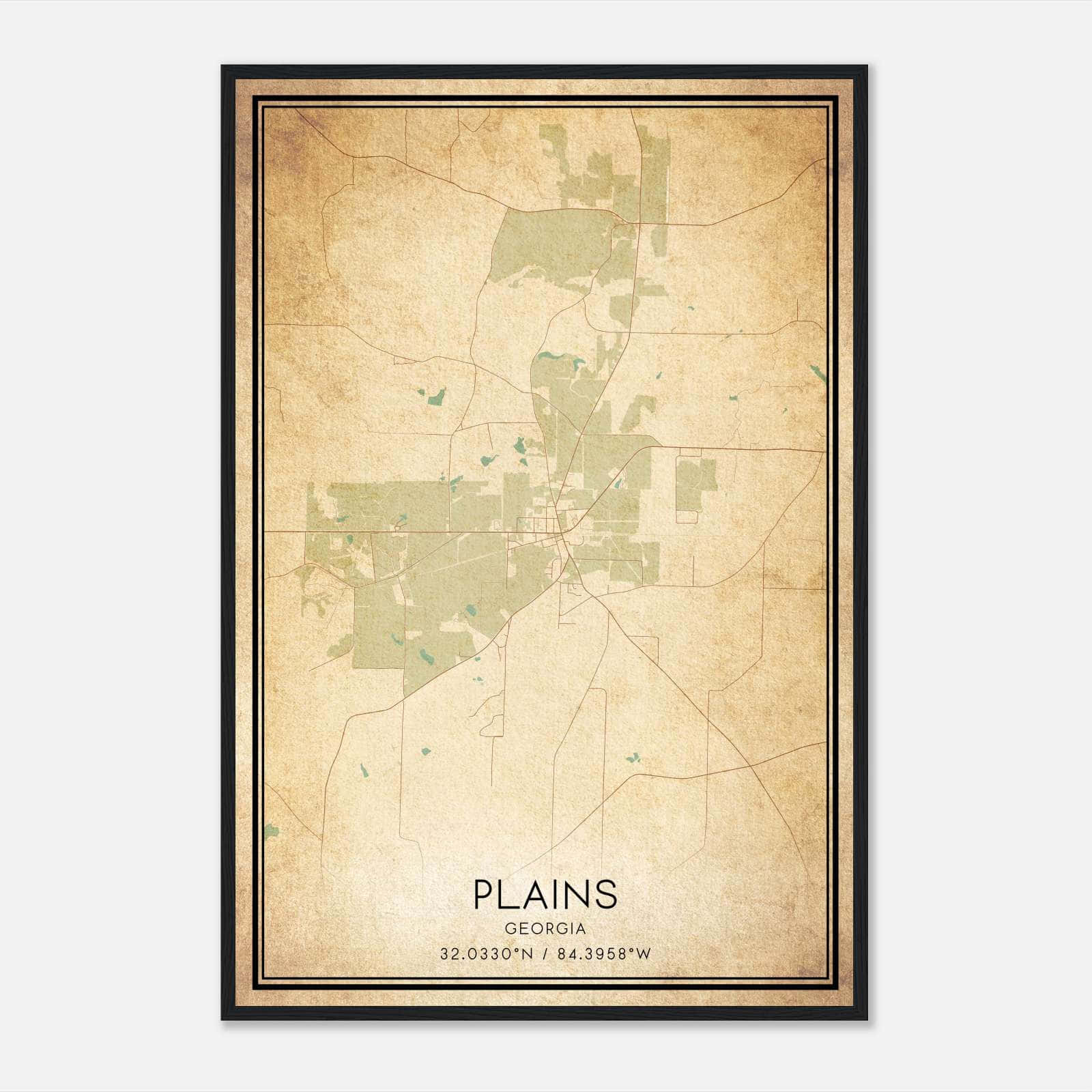 Vintage Plains Georgia Map Poster, Plains GA City Road Wall Art Print ...