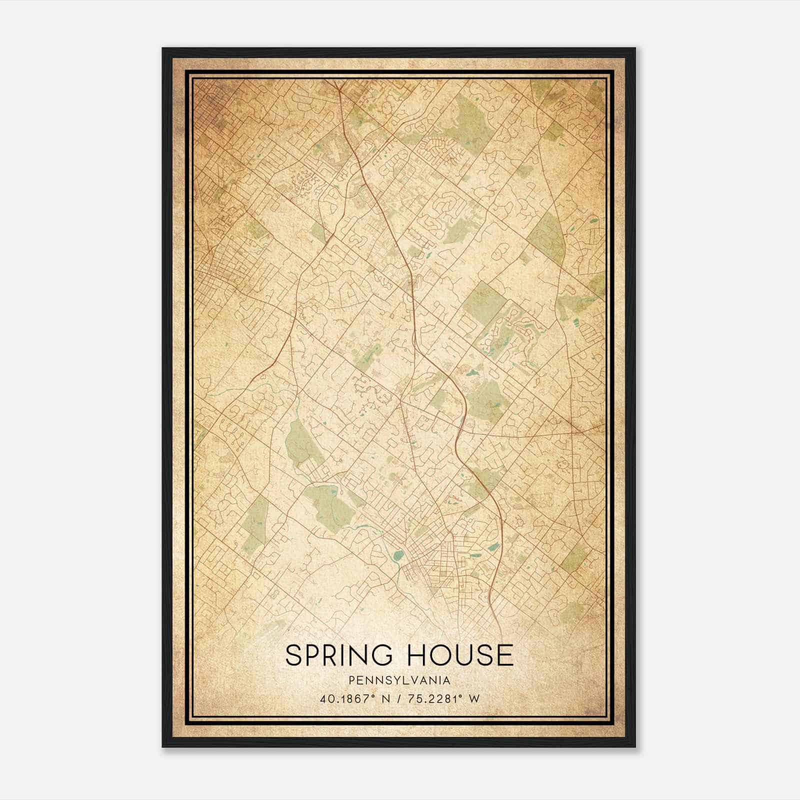 Vintage Spring House Pennsylvania Map Poster, Spring House PA City Road ...