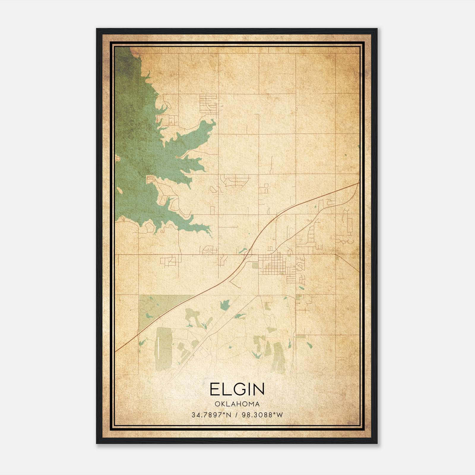 Vintage Elgin Oklahoma Map Poster, Elgin OK City Road Wall Art Print ...