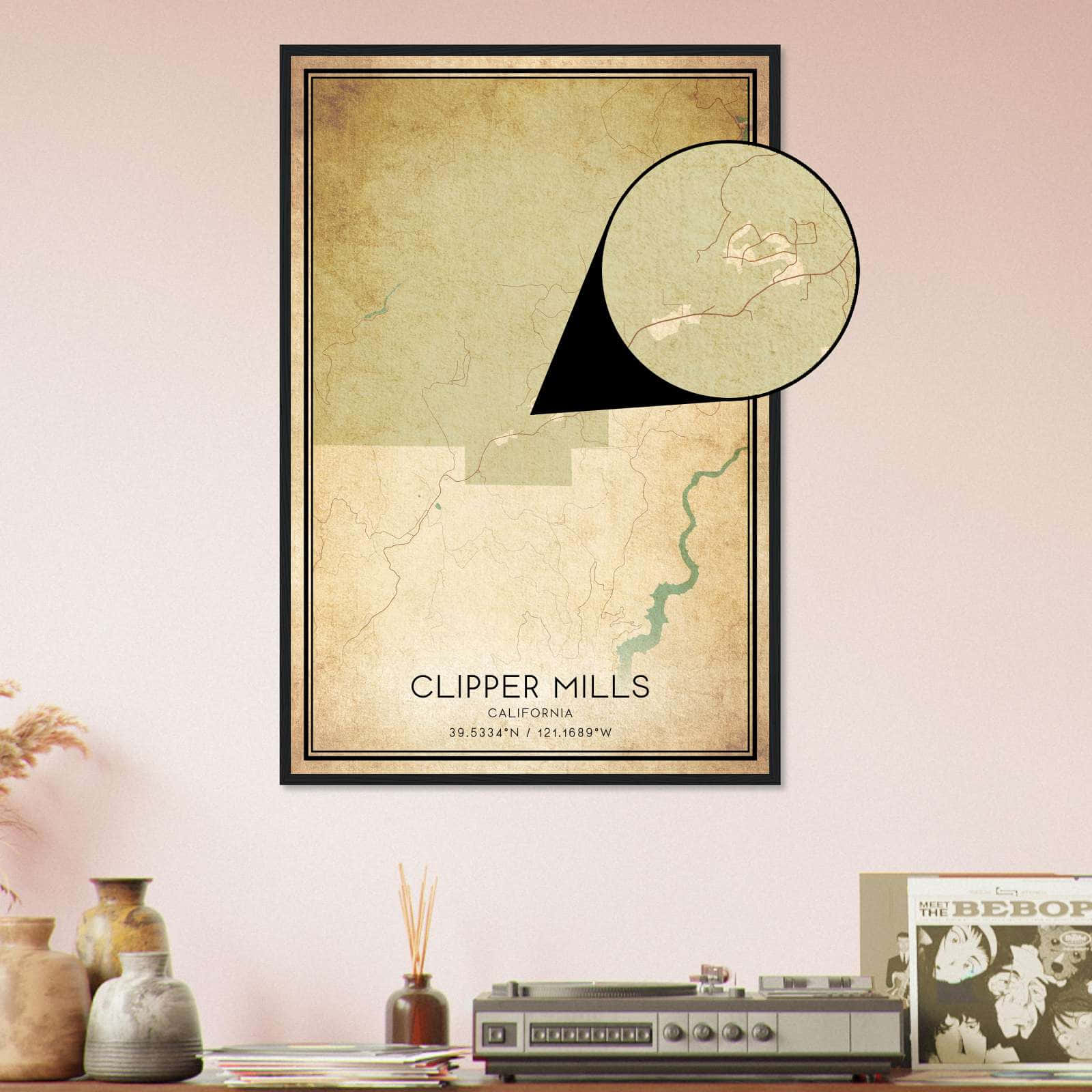 Vintage Clipper Mills California Map Poster, Clipper Mills CA City Road ...
