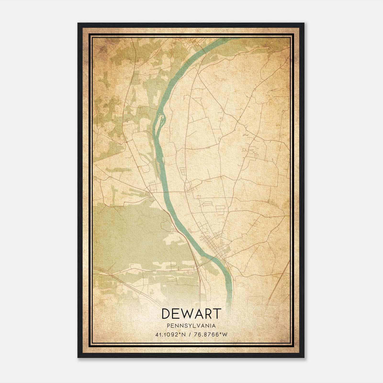 Vintage Dewart Pennsylvania Map Poster, Dewart PA City Road Wall Art ...