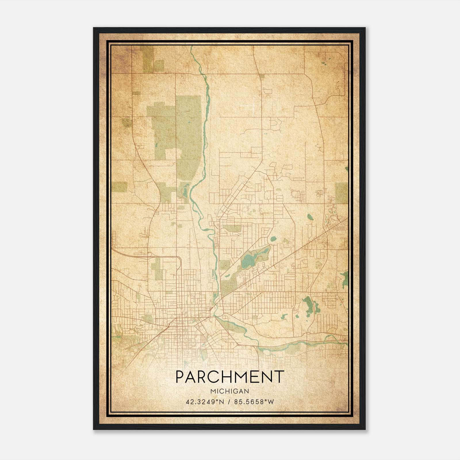 Vintage Parchment Michigan Map Poster, Parchment MI City Road Wall Art ...