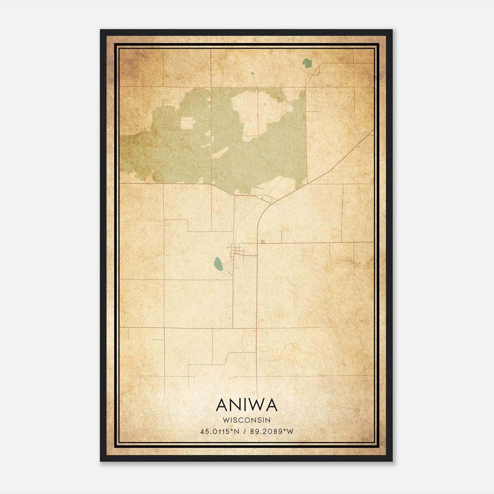Vintage Aniwa Wisconsin Map Poster, Aniwa WI City Road Wall Art Print - Custom Maps & Posters