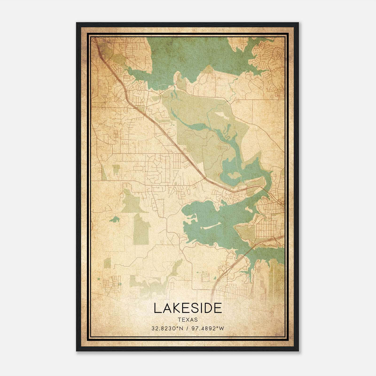 Vintage Lakeside Texas Map Poster, Lakeside TX City Road Wall Art Print ...