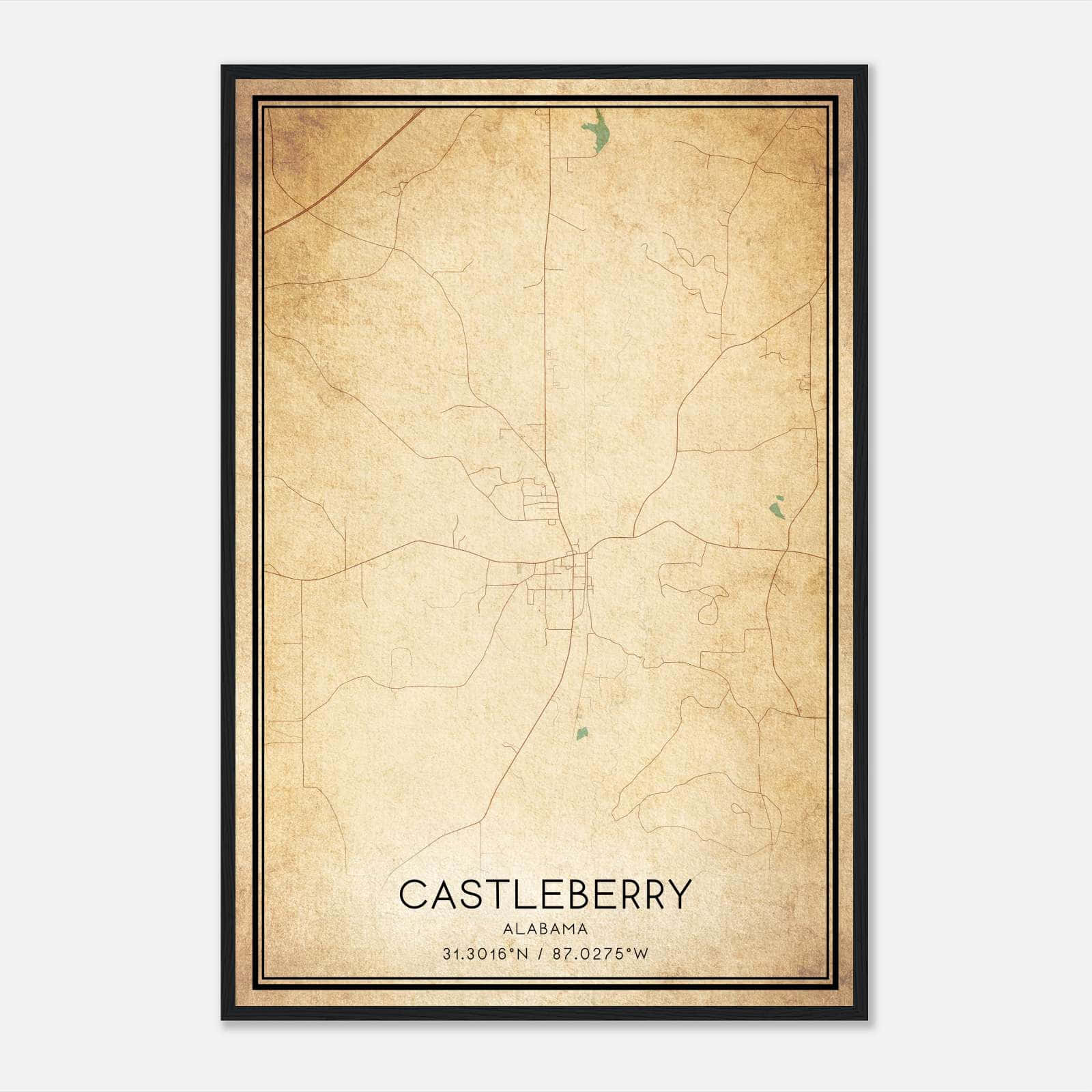 Vintage Castleberry Alabama Map Poster, Castleberry AL City Road Wall ...