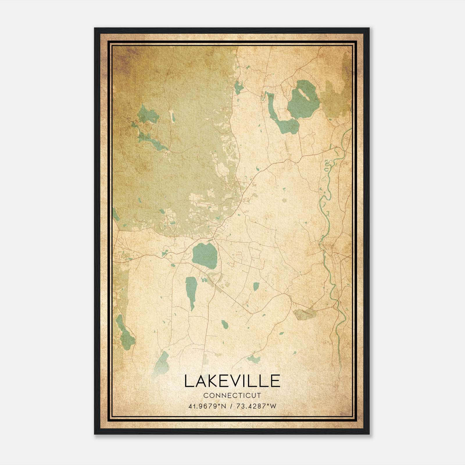 Vintage Lakeville Connecticut Map Poster, Lakeville CT City Road Wall Art Print - Custom Maps ...