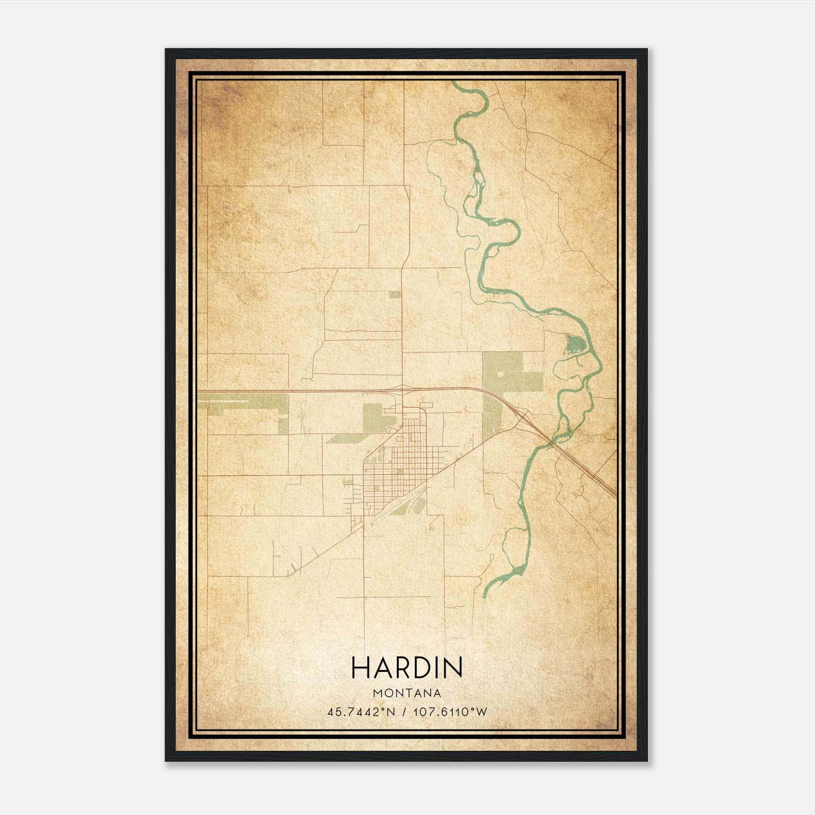 Vintage Hardin Montana Map Poster, Hardin MT City Road Wall Art Print ...