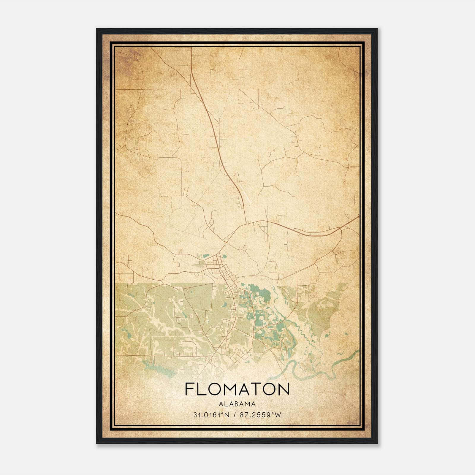 Vintage Flomaton Alabama Map Poster, Flomaton AL City Road Wall Art ...