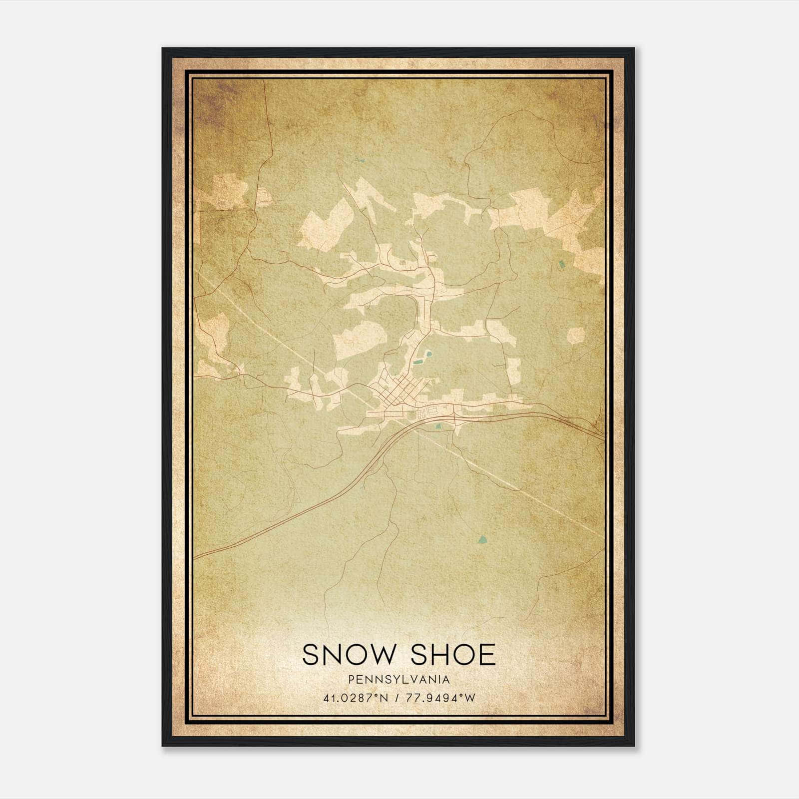 Vintage Snow Shoe Pennsylvania Map Poster, Snow Shoe PA City Road Wall ...