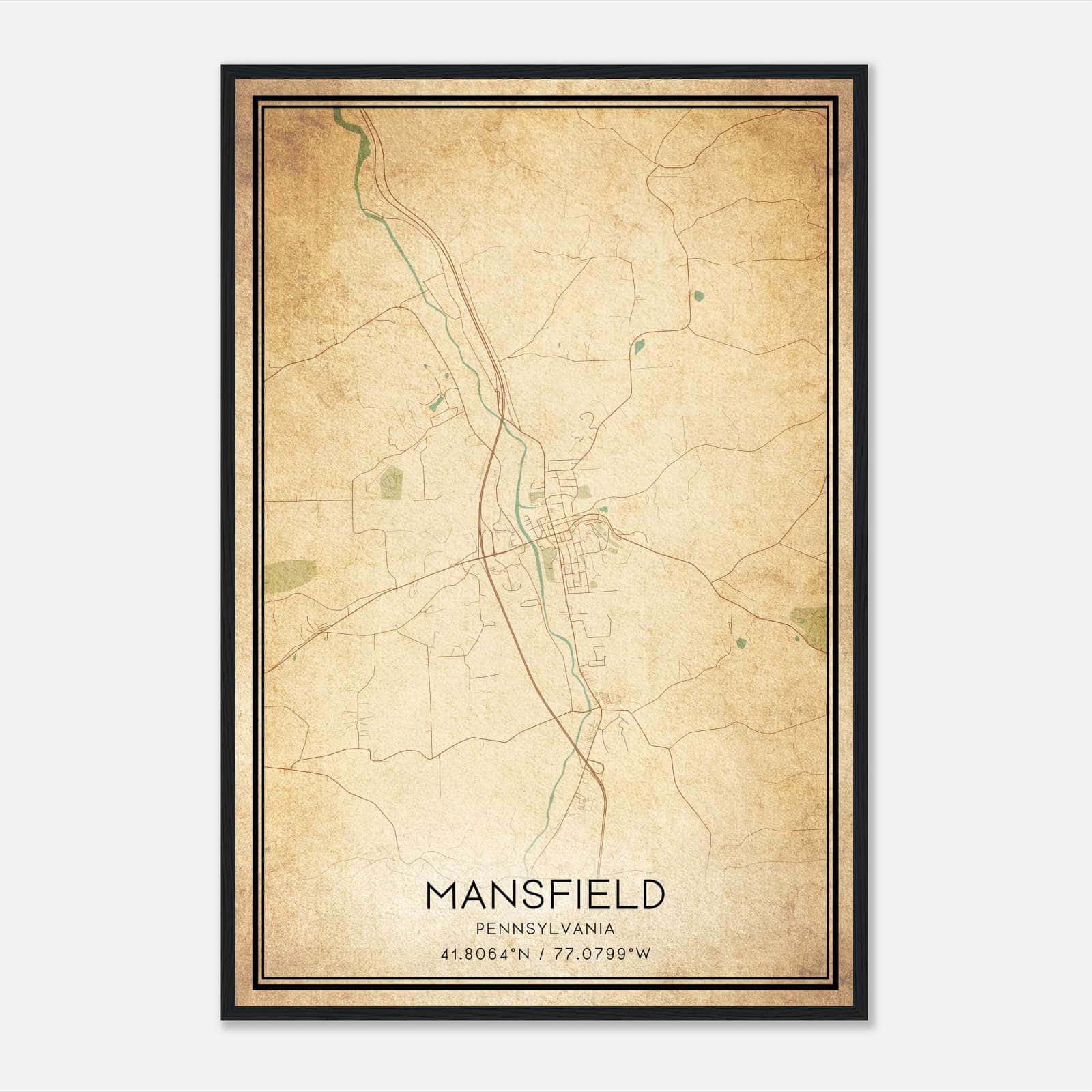Vintage Mansfield Pennsylvania Map Poster, Mansfield PA City Road Wall ...