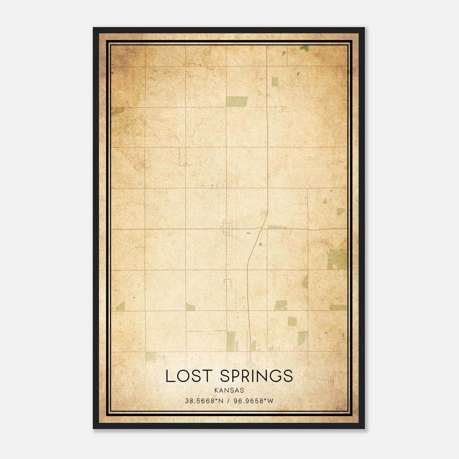 Vintage Lost Springs Kansas Map Poster, Lost Springs KS City Road Wall ...