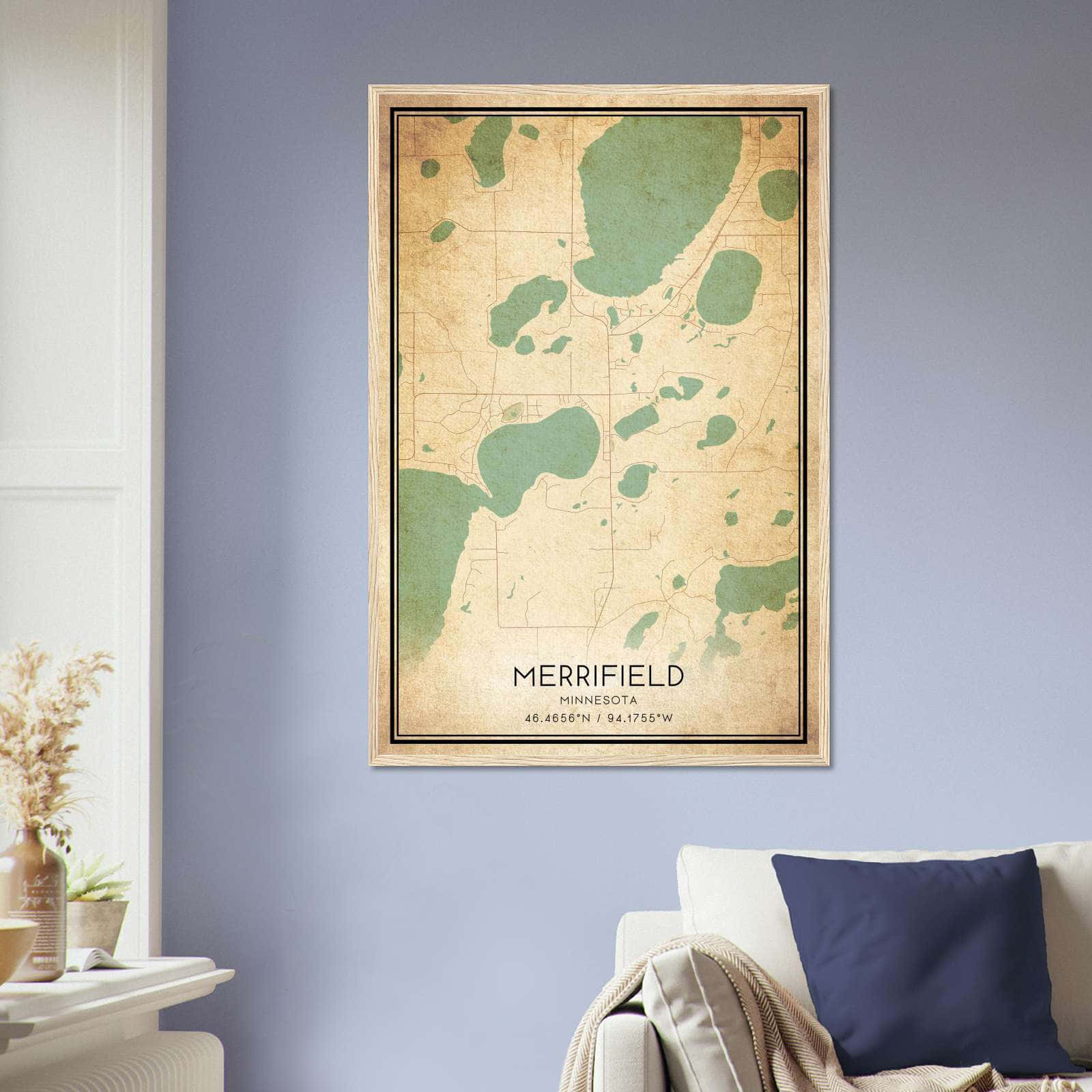 Vintage Merrifield Minnesota Map Poster, Merrifield MN City Road Wall ...
