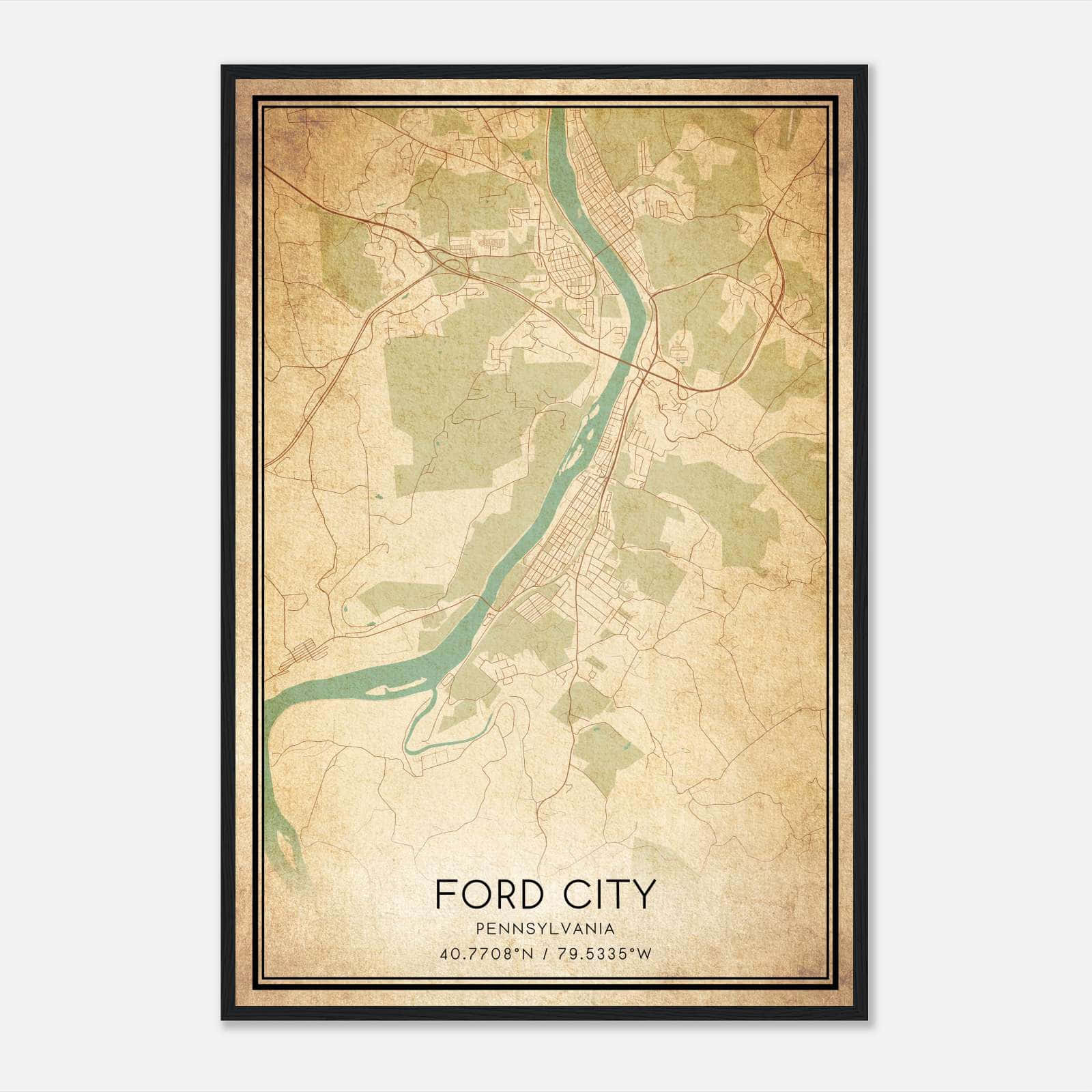 Vintage Ford City Pennsylvania Map Poster, Ford City PA City Road Wall ...