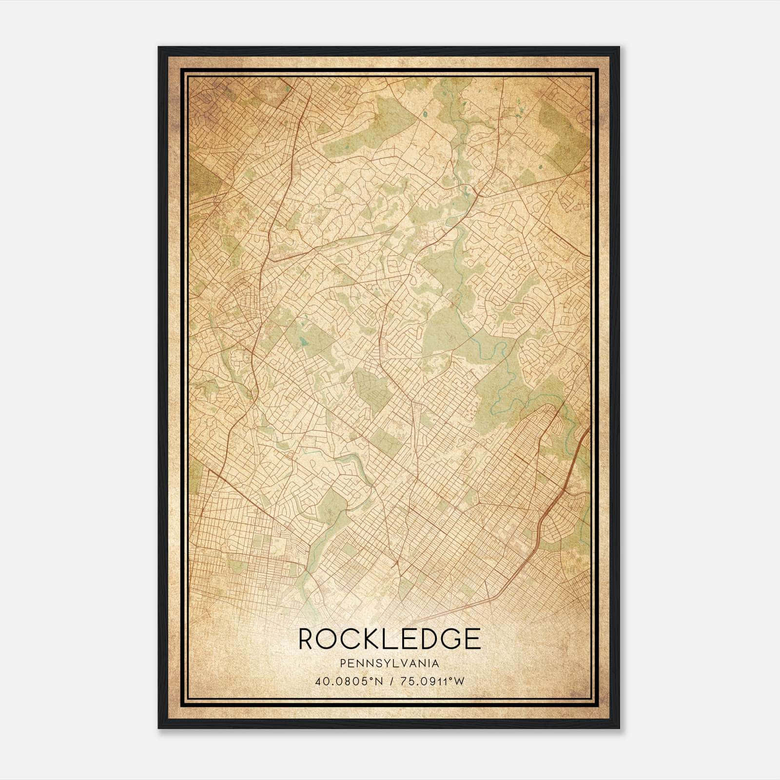 Vintage Rockledge Pennsylvania Map Poster, Rockledge PA City Road Wall ...