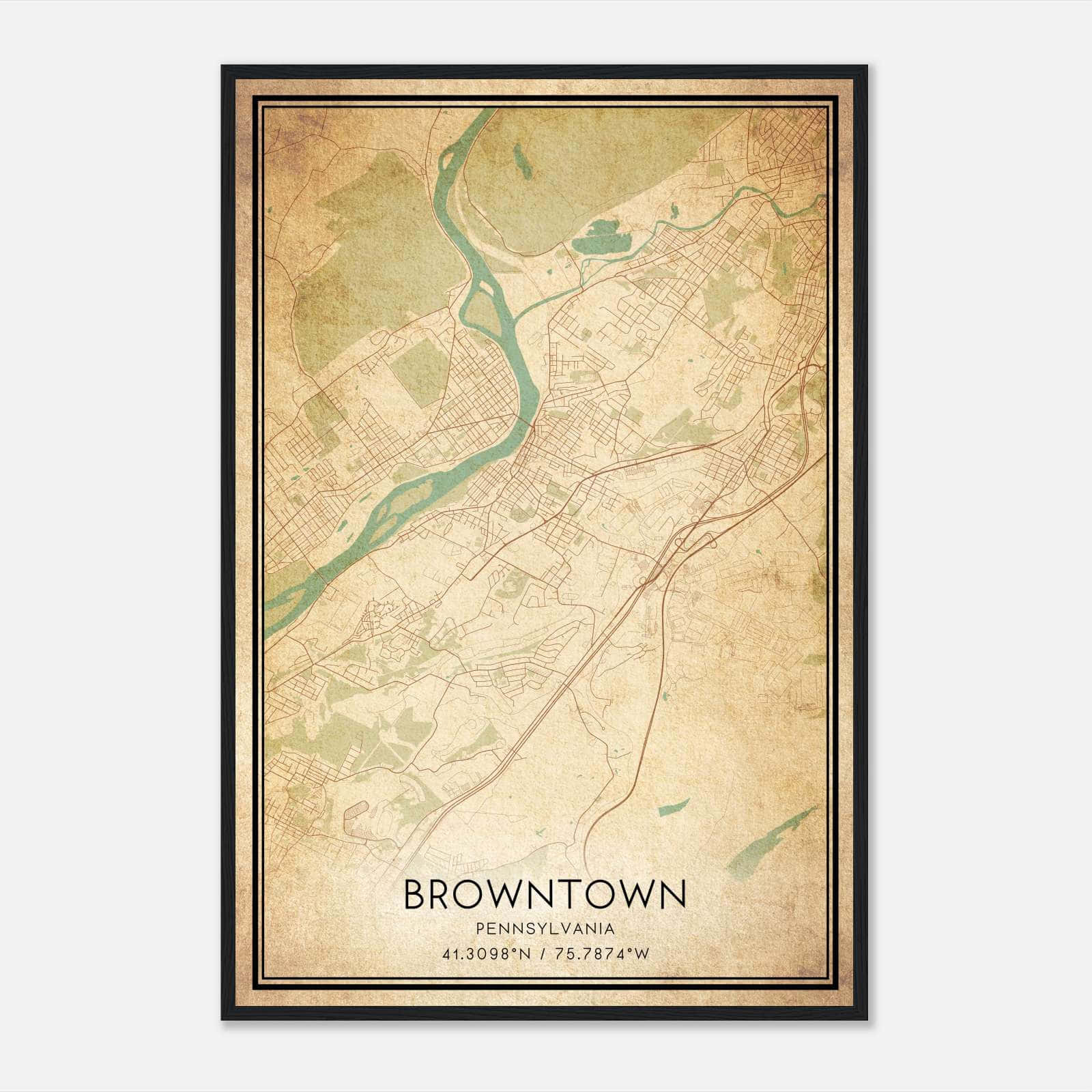 Vintage Browntown Pennsylvania Map Poster, Browntown PA City Road Wall ...