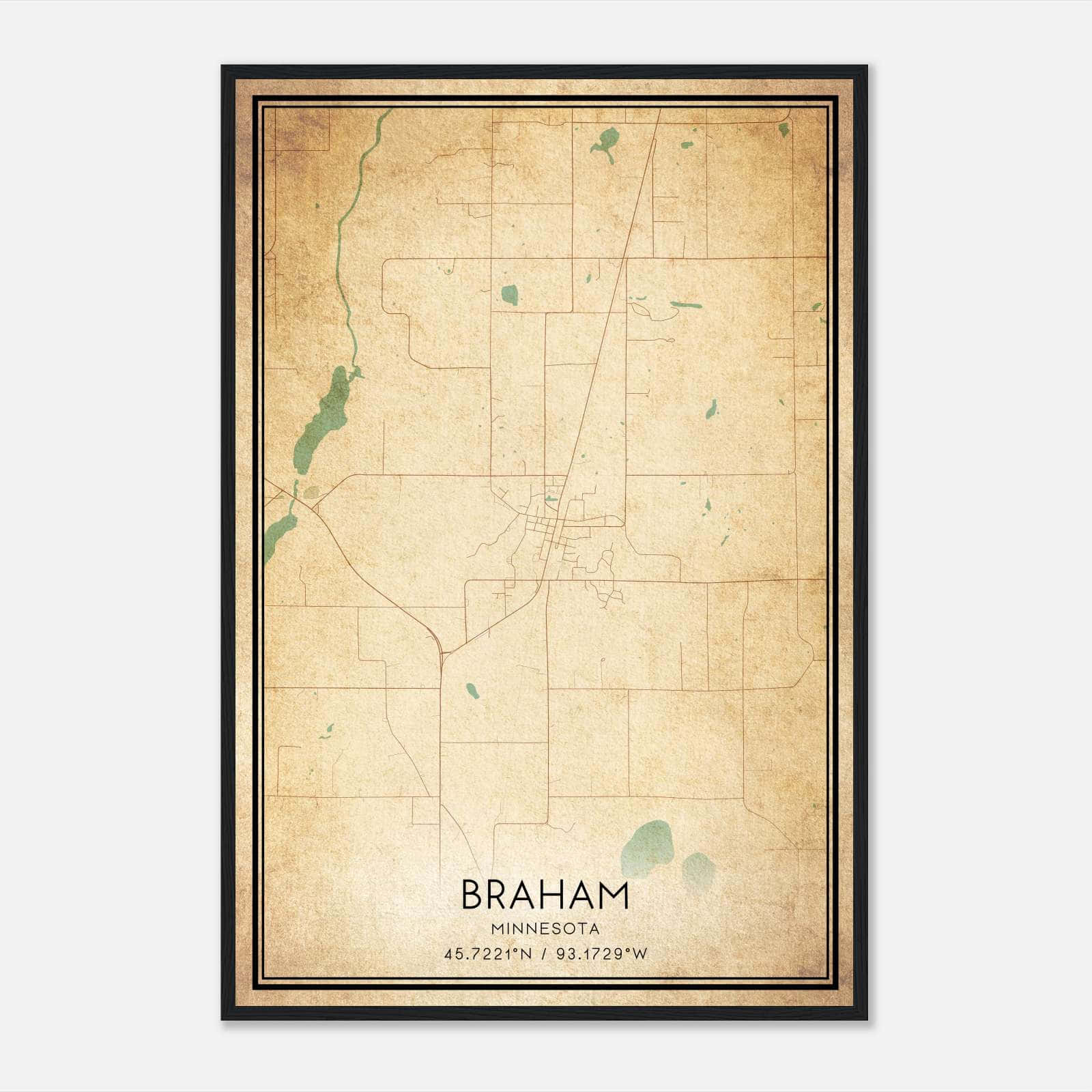 Vintage Braham Minnesota Map Poster, Braham MN City Road Wall Art Print ...