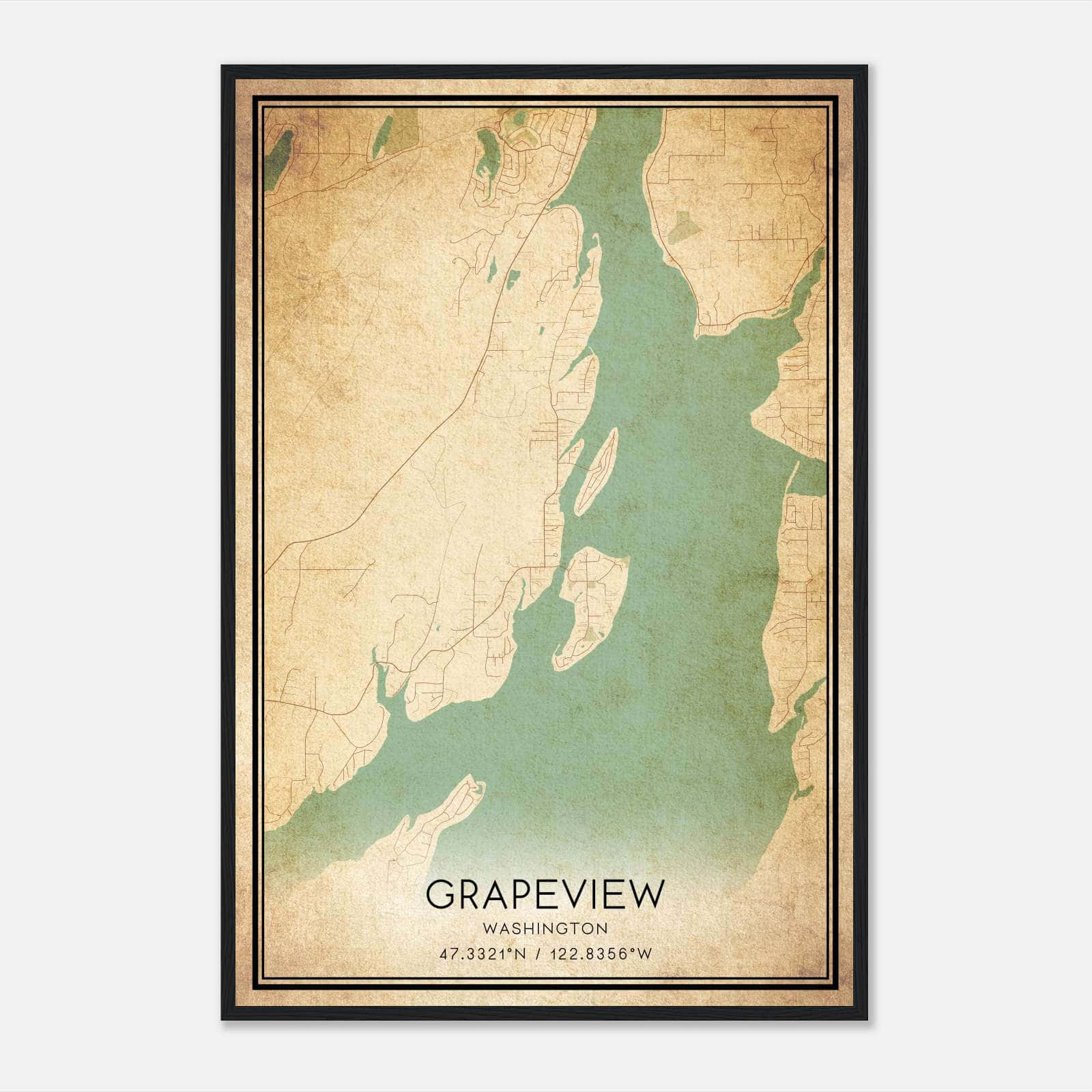 Vintage Grapeview Washington Map Poster, Grapeview WA City Road Wall ...