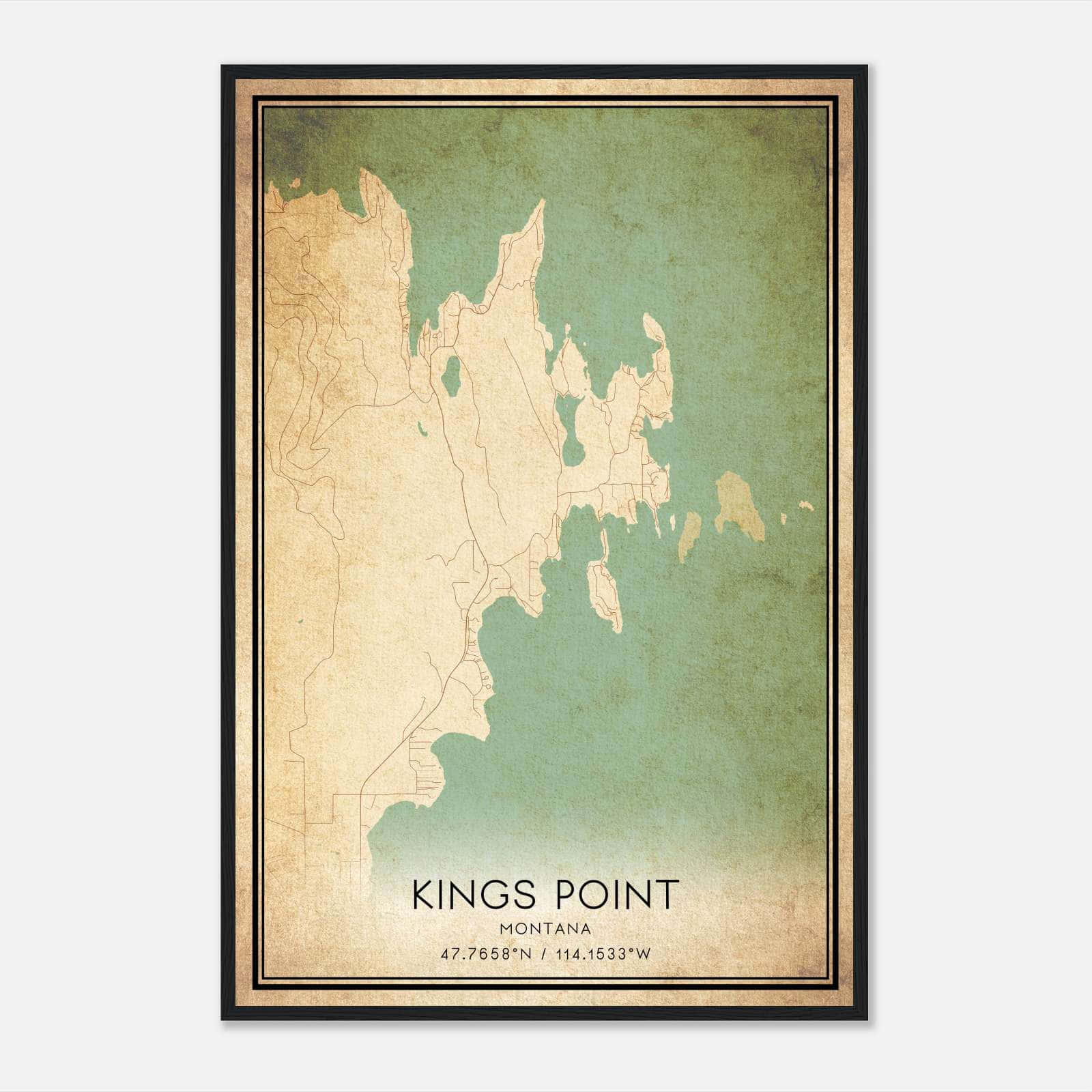 Vintage Kings Point Montana Map Poster, Kings Point MT City Road Wall ...