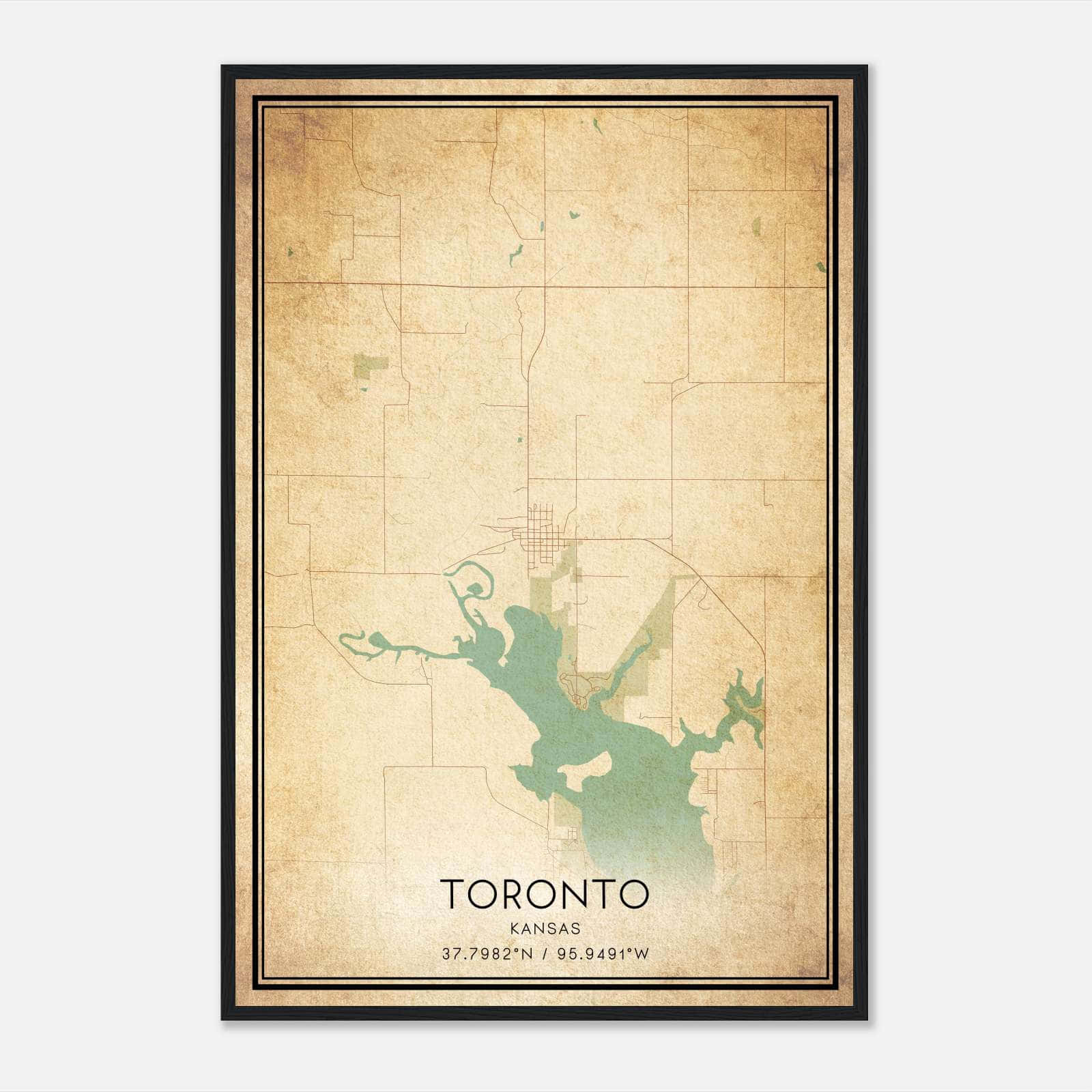 Vintage Toronto Kansas Map Poster, Toronto KS City Road Wall Art Print ...