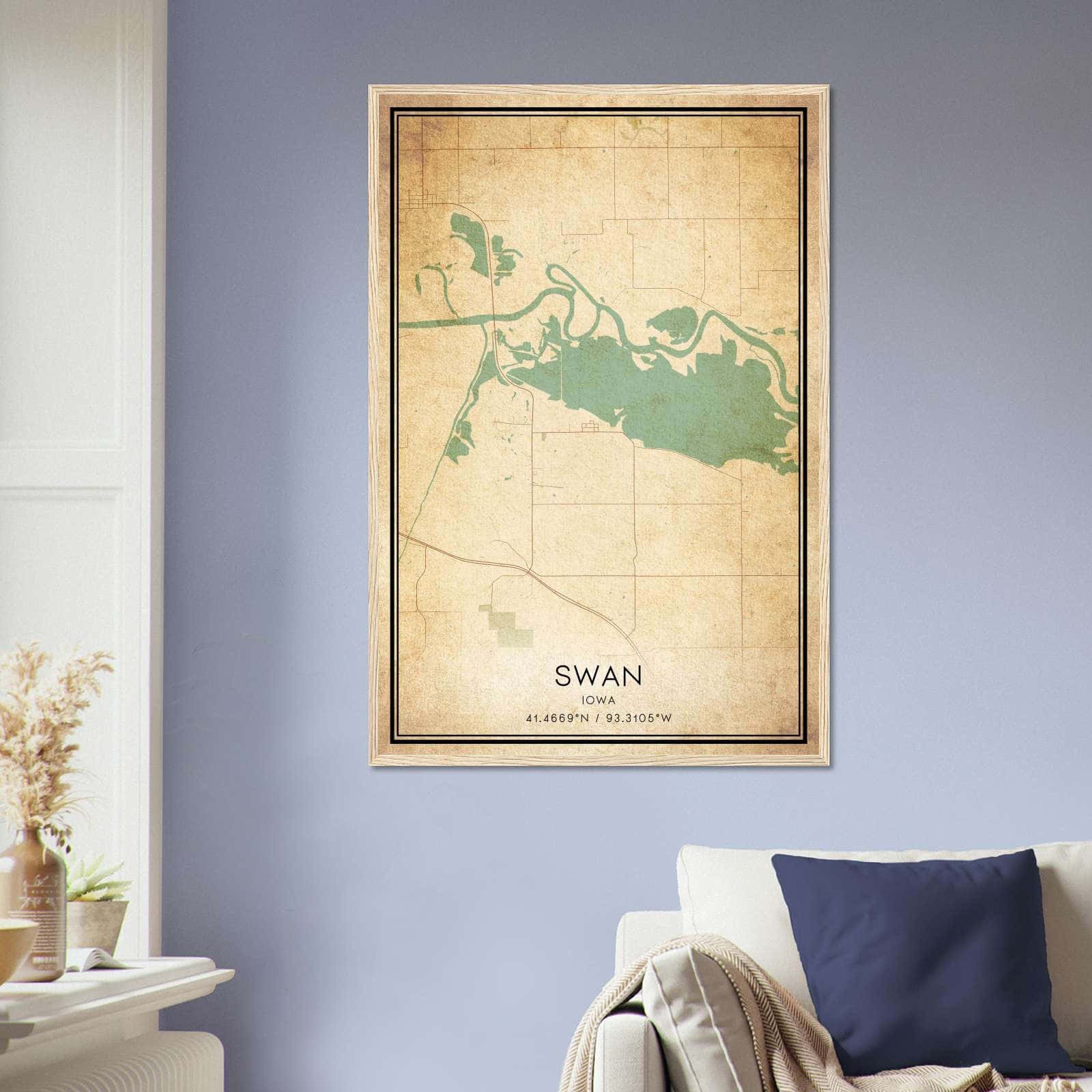 Vintage Swan Iowa Map Poster, Swan IA City Road Wall Art Print - Custom ...