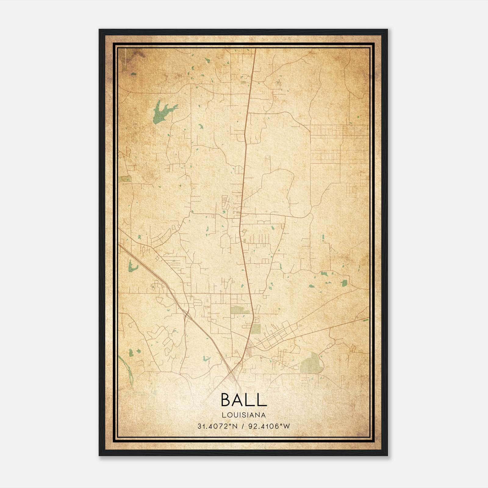 Vintage Ball Louisiana Map Poster, Ball LA City Road Wall Art Print ...