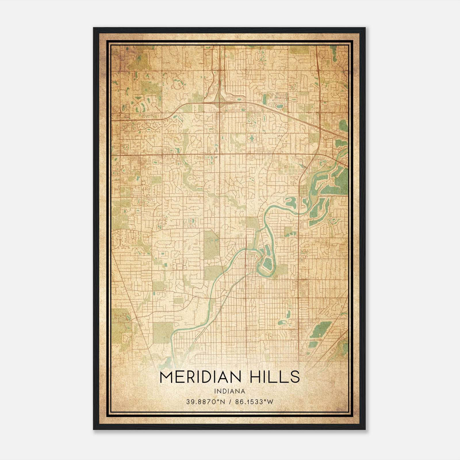 Vintage Meridian Hills Indiana Map Poster, Meridian Hills IN City Road ...