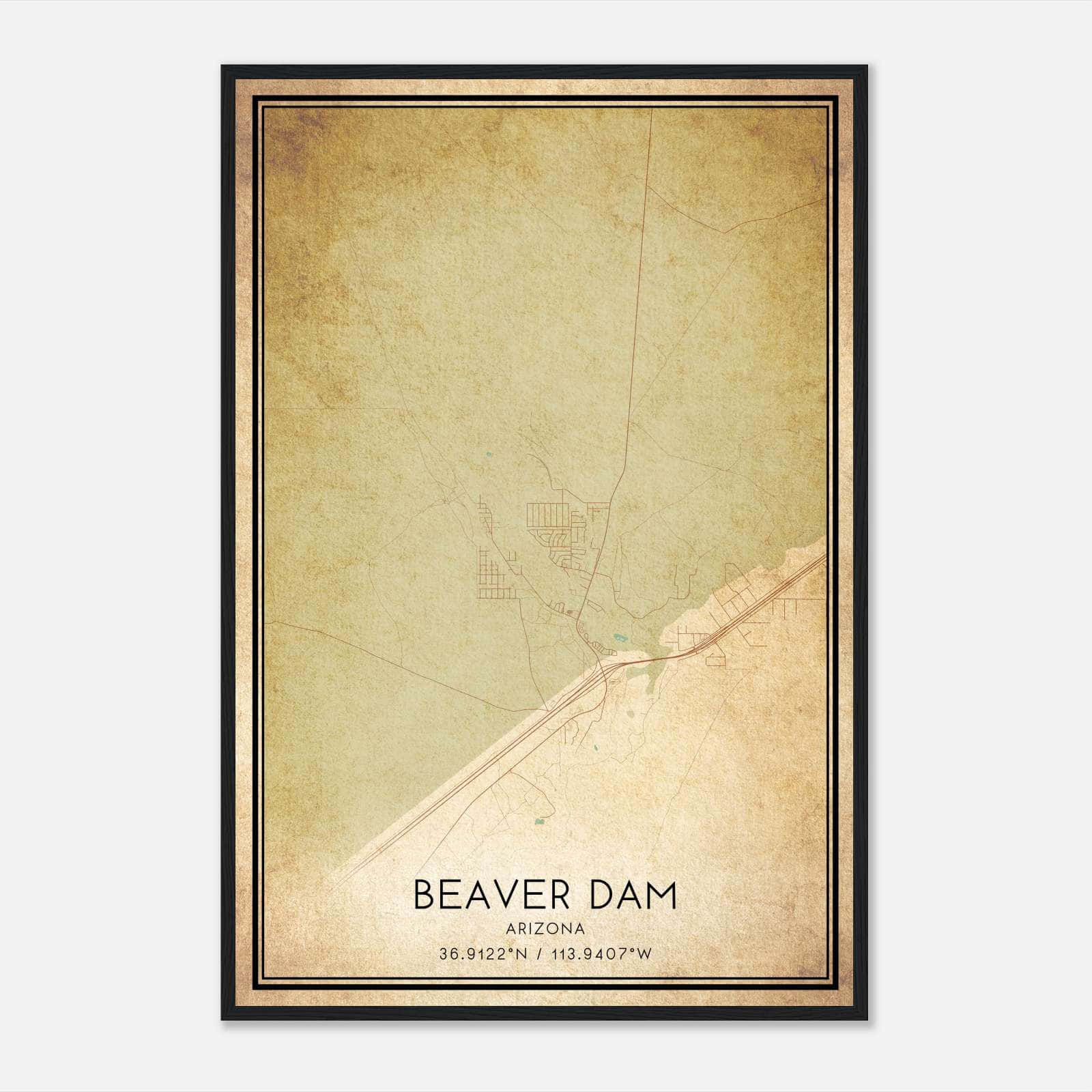 Vintage Beaver Dam Arizona Map Poster, Beaver Dam AZ City Road Wall Art ...