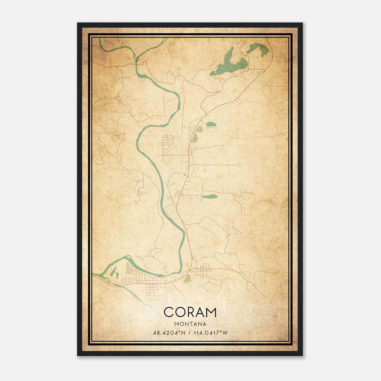 Vintage Coram Montana Map Poster, Coram MT City Road Wall Art Print ...