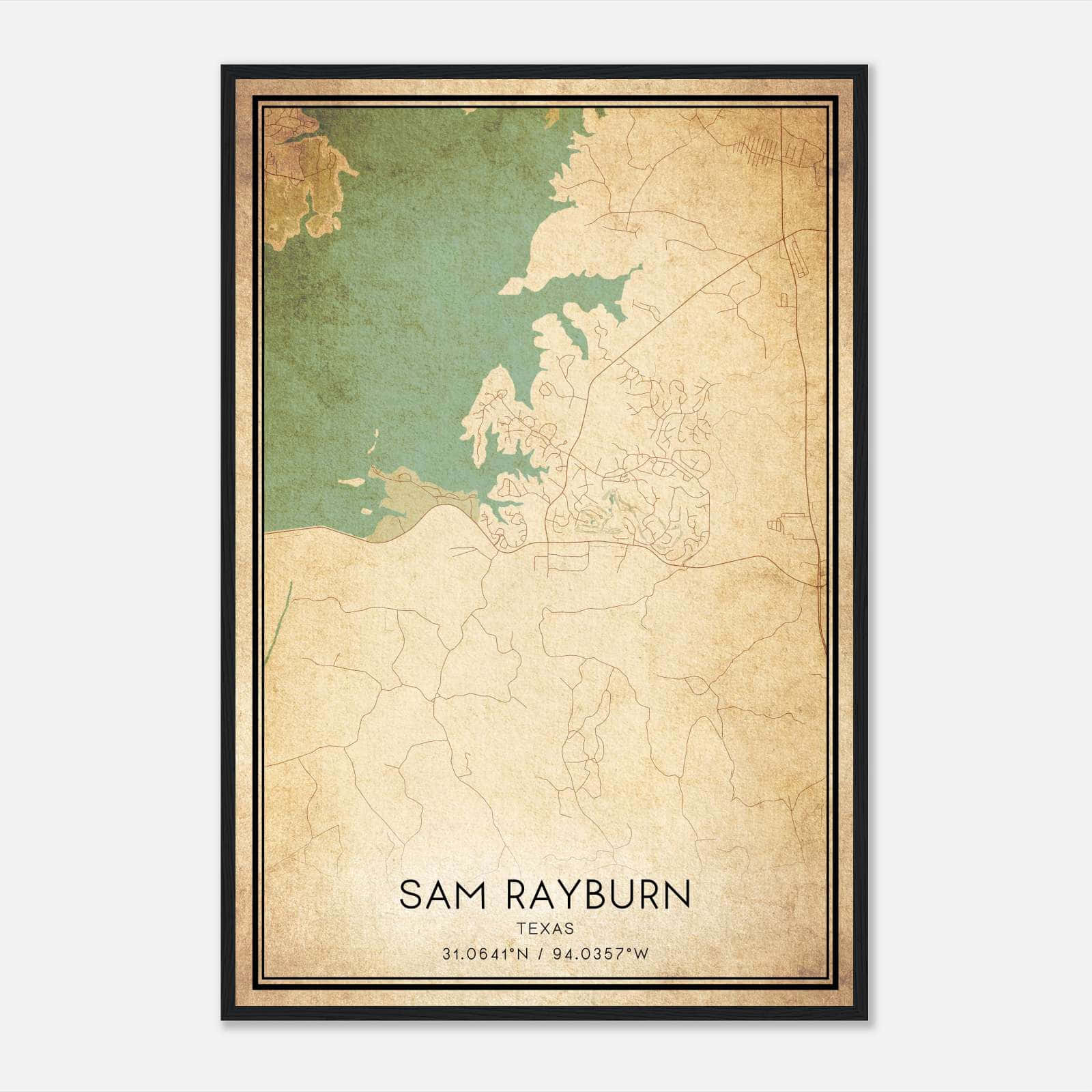 Vintage Sam Rayburn Texas Map Poster, Sam Rayburn TX City Road Wall Art ...