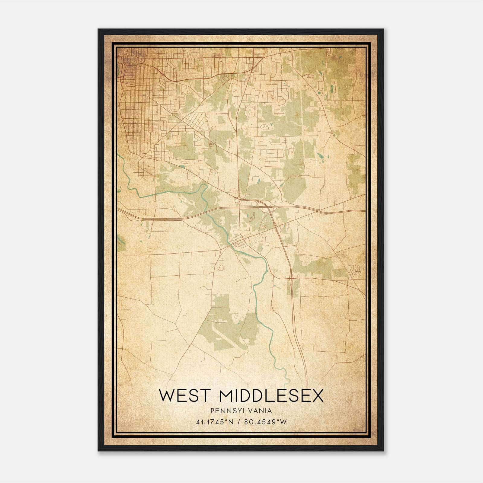 Vintage West Middlesex Pennsylvania Map Poster, West Middlesex PA City ...