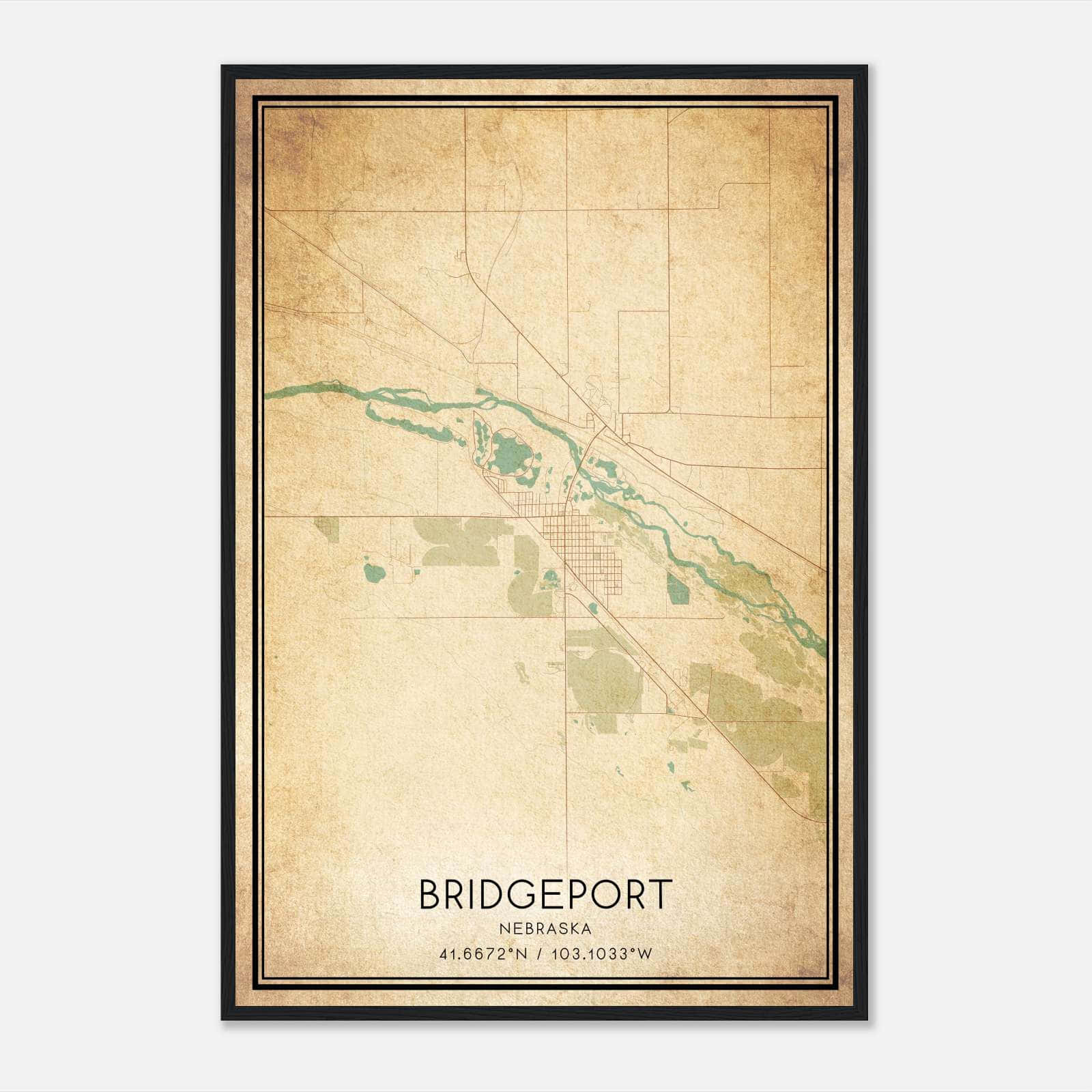Vintage Bridgeport Nebraska Map Poster, Bridgeport NE City Road Wall ...