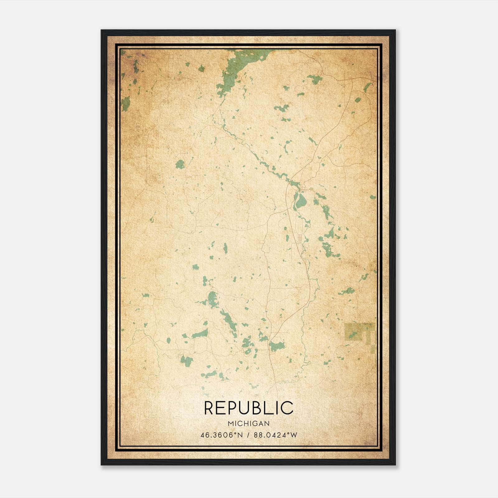 Vintage Republic Michigan Map Poster, Republic MI City Road Wall Art ...