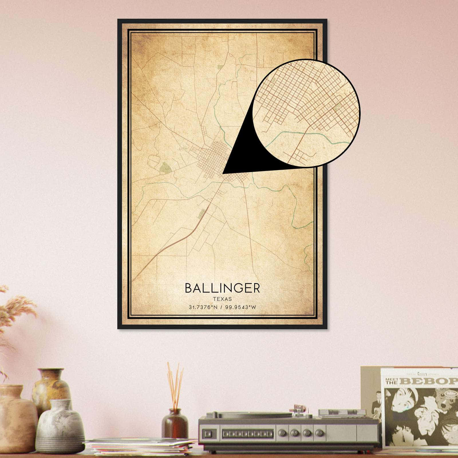 Vintage Ballinger Texas Map Poster, Ballinger TX City Road Wall Art ...