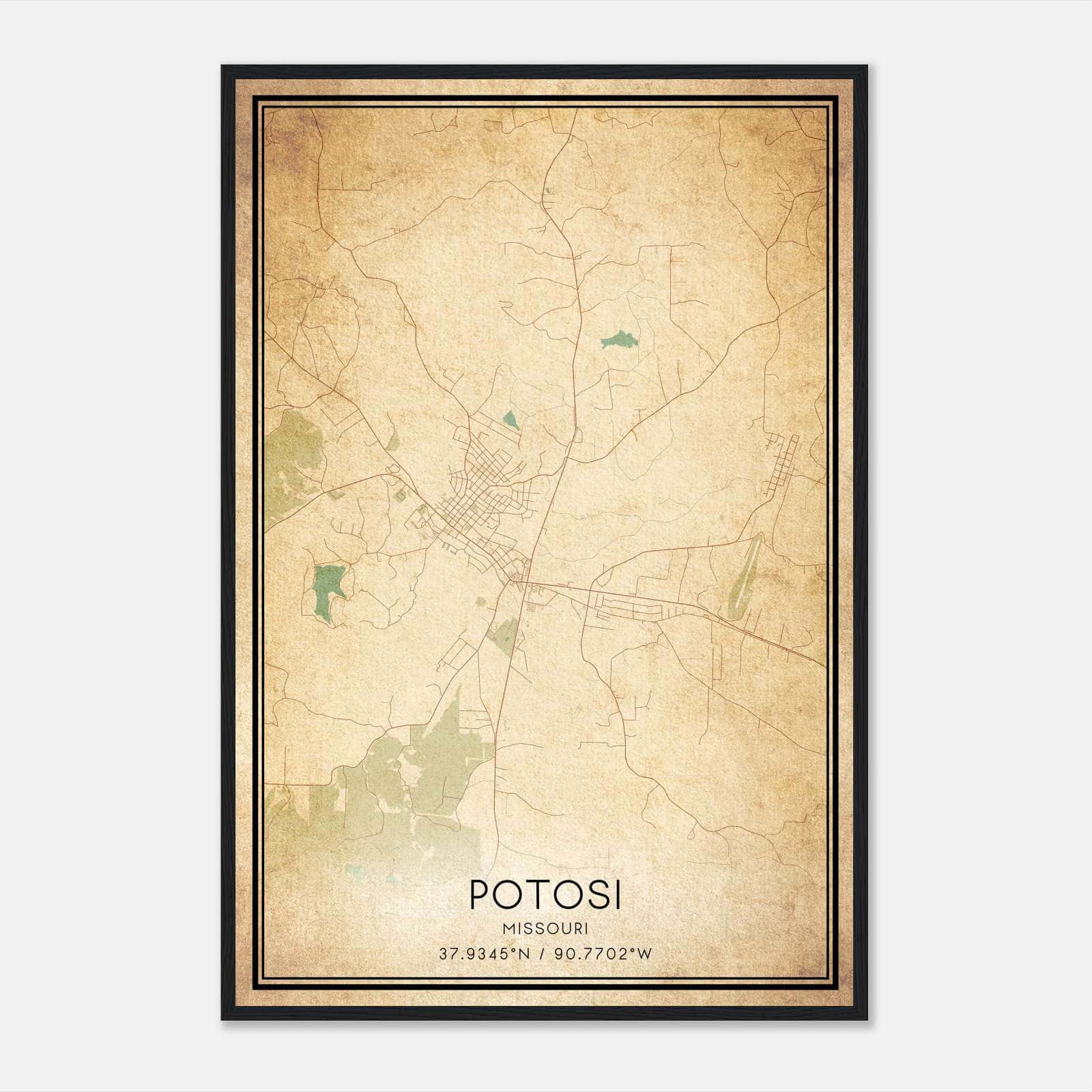 Vintage Potosi Missouri Map Poster, Potosi MO City Road Wall Art Print - Custom Maps & Posters