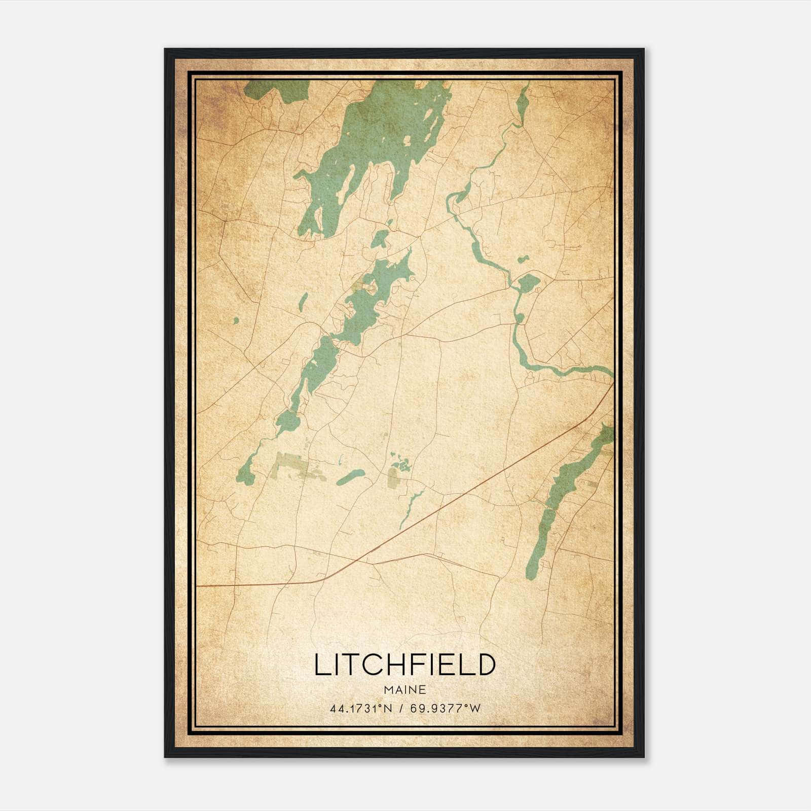 Vintage Litchfield Maine Map Poster, Litchfield ME City Road Wall Art ...
