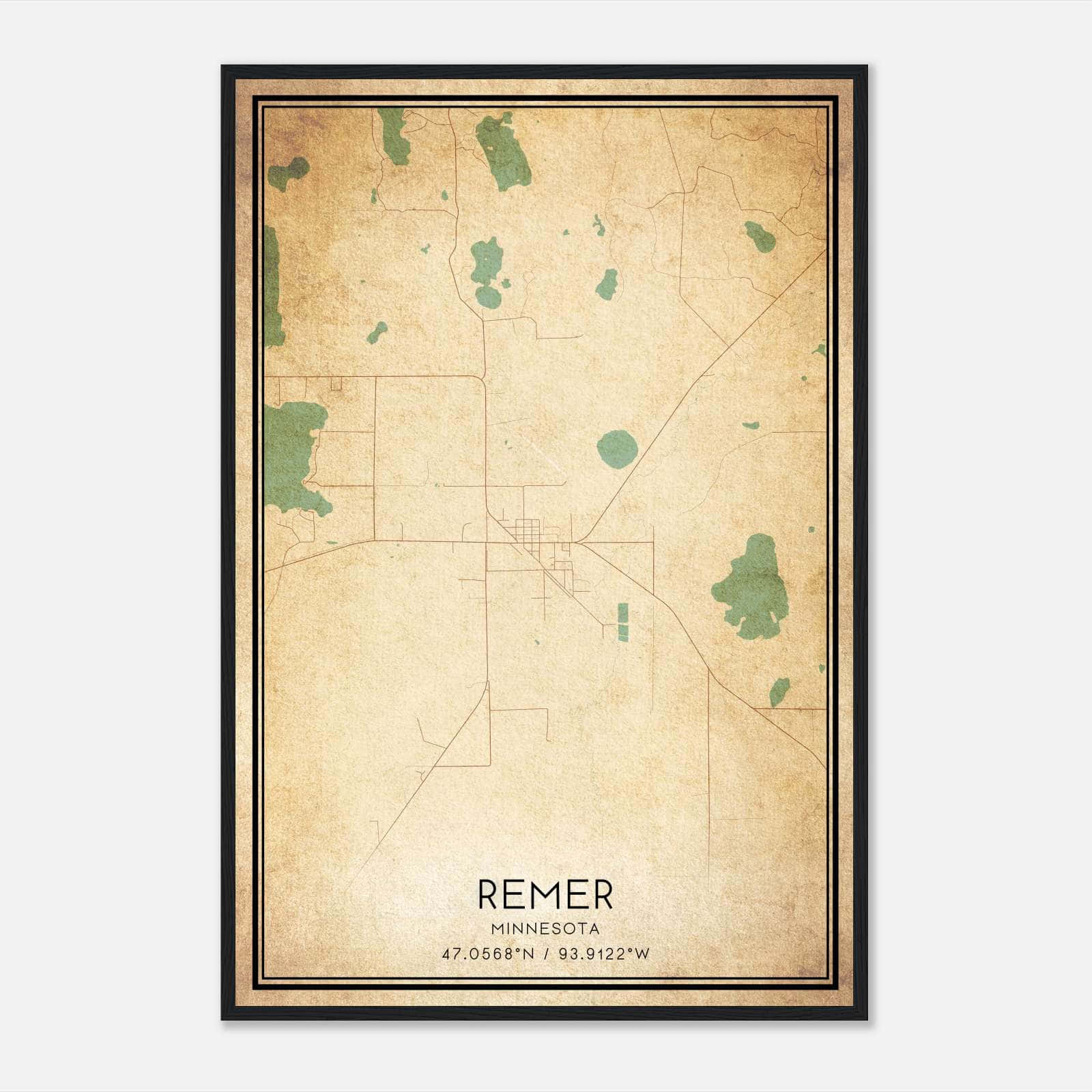 Vintage Remer Minnesota Map Poster, Remer MN City Road Wall Art Print ...