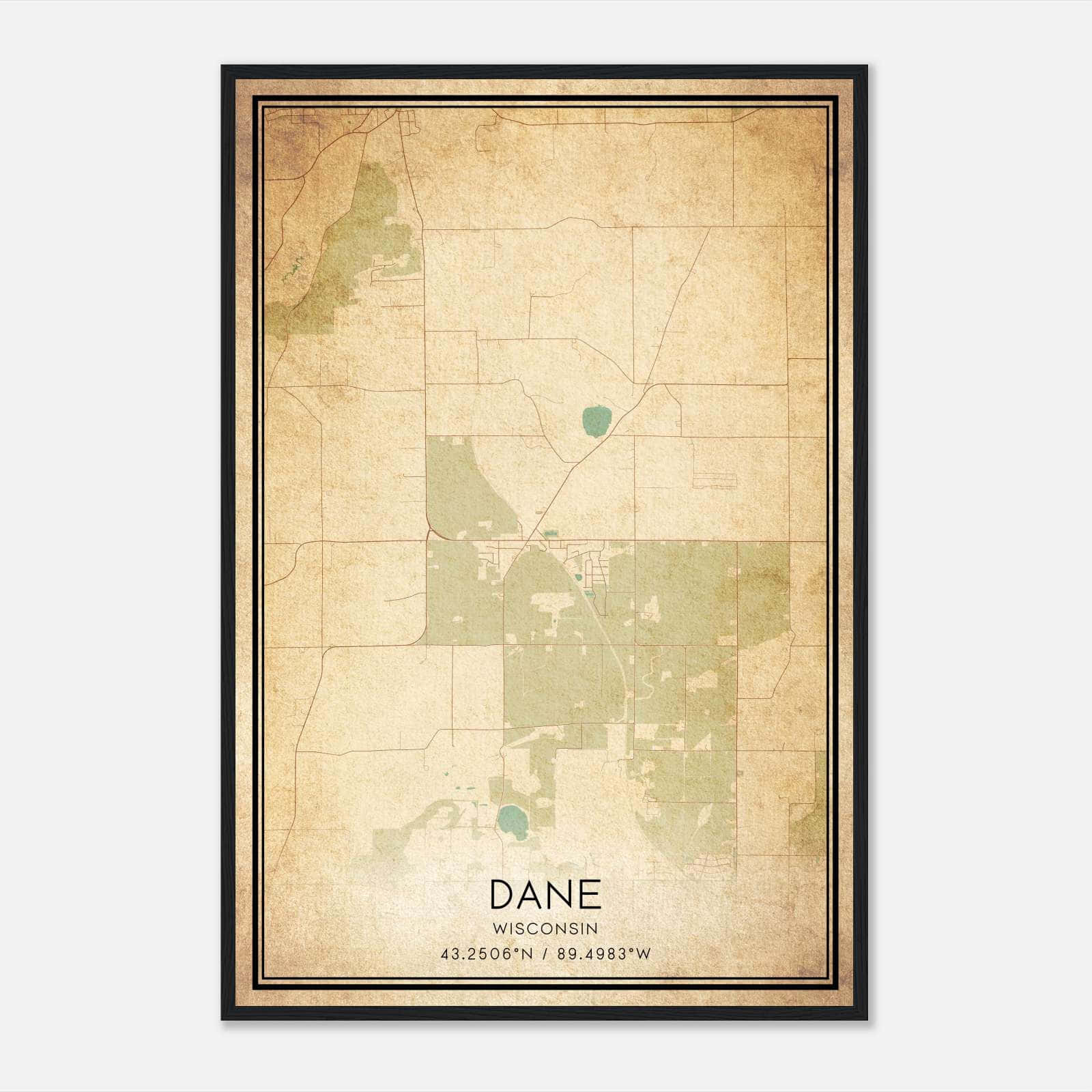 Vintage Dane Wisconsin Map Poster, Dane WI City Road Wall Art Print ...