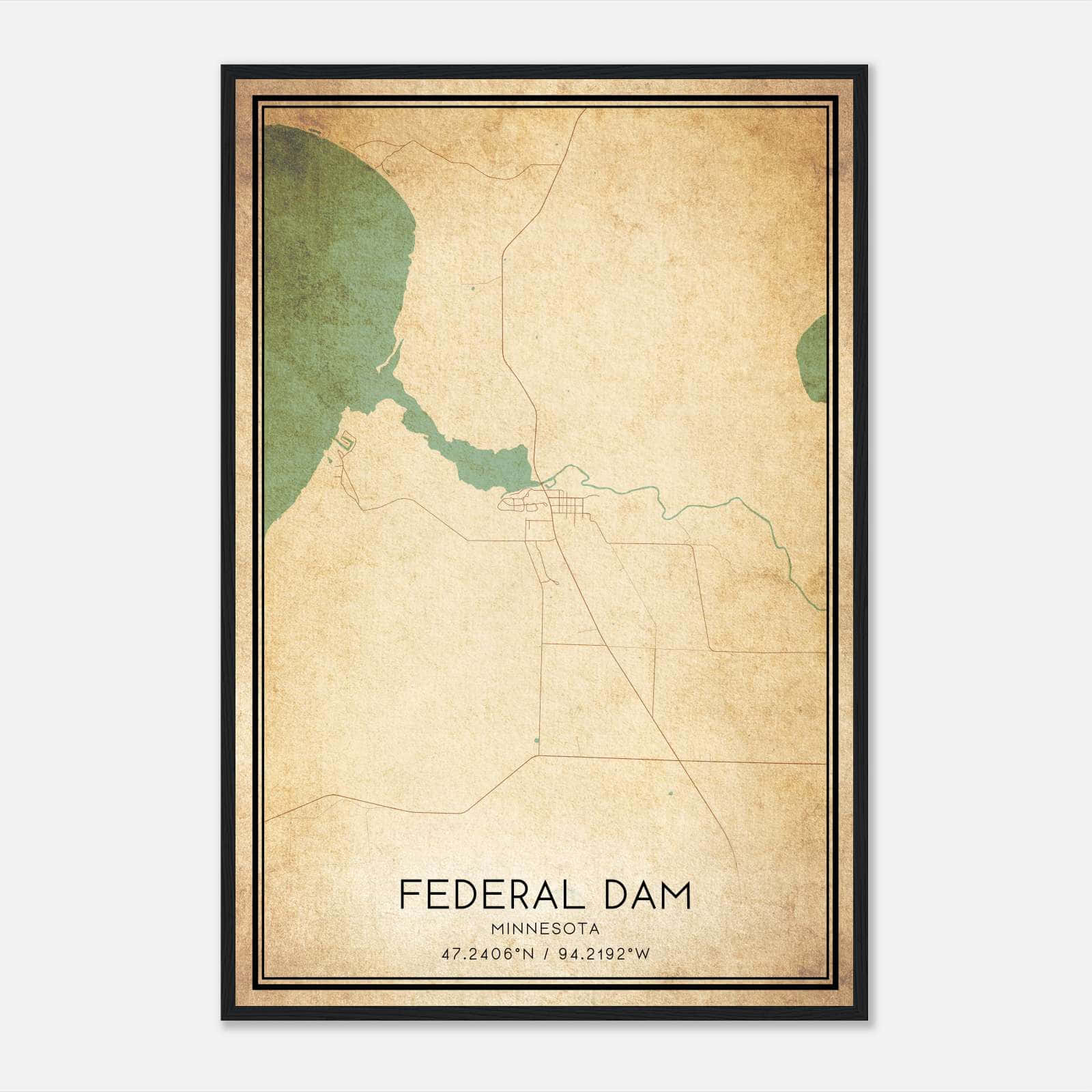Vintage Federal Dam Minnesota Map Poster, Federal Dam MN City Road Wall ...