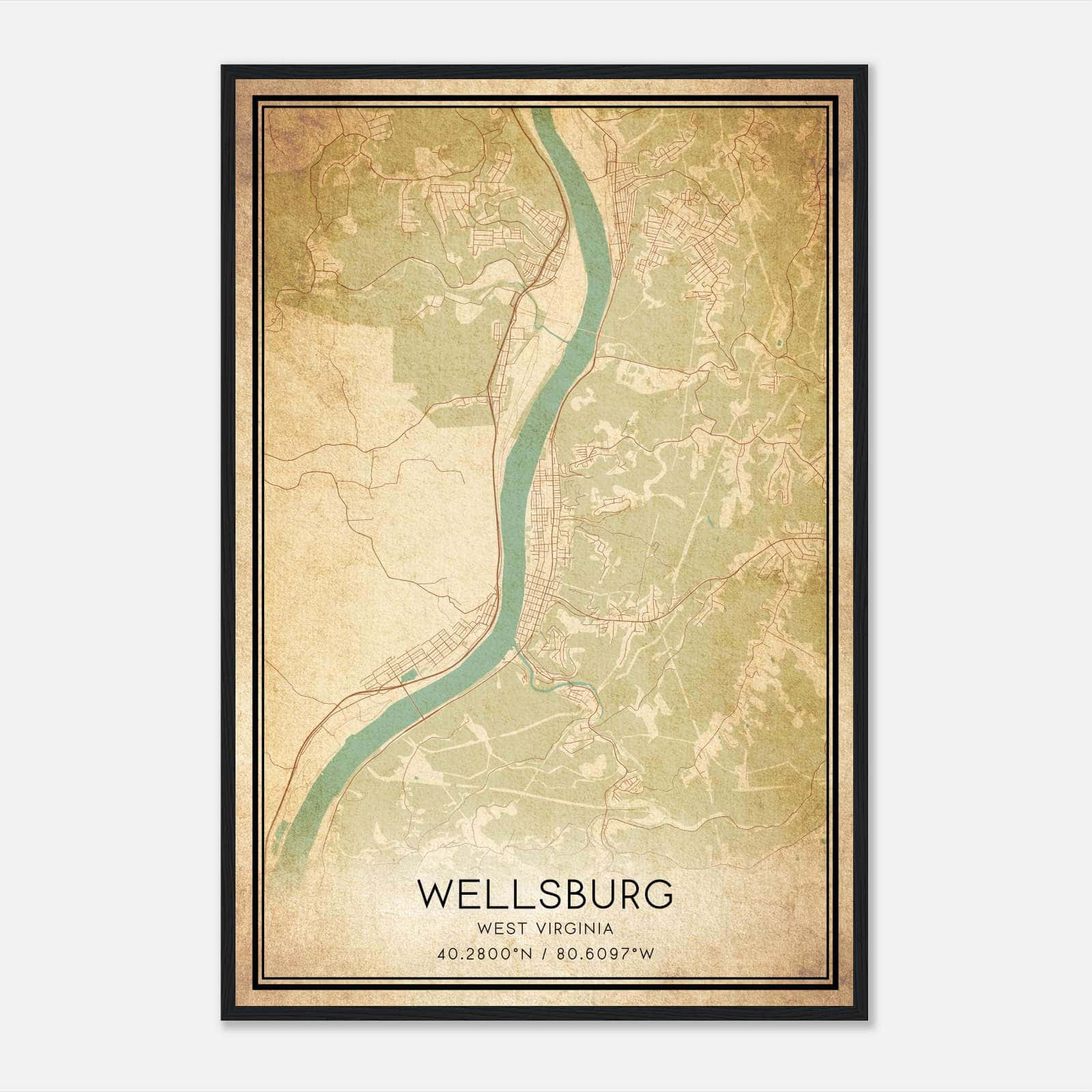 Vintage Wellsburg West Virginia Map Poster, Wellsburg WV City Road Wall ...