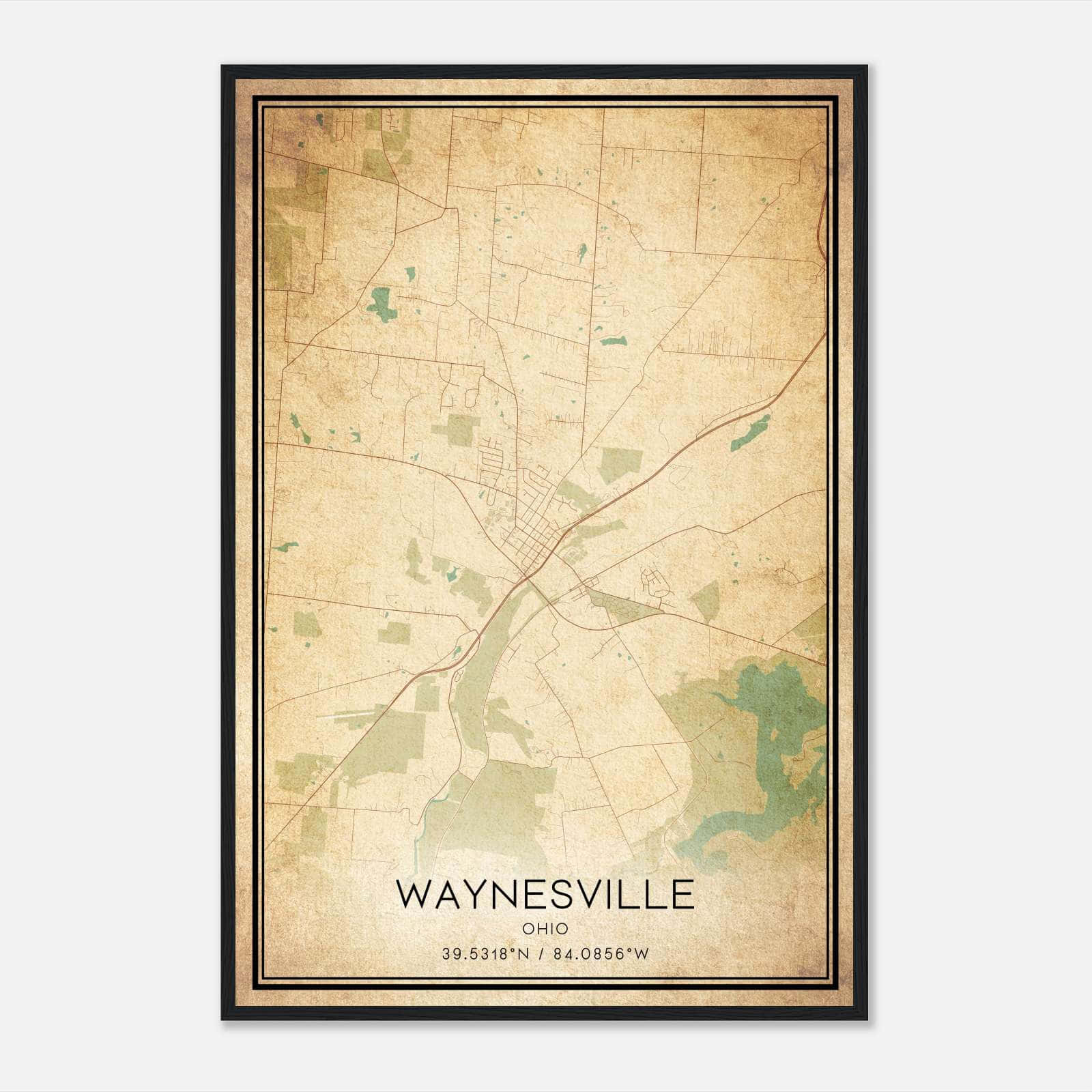 Vintage Waynesville Ohio Map Poster, Waynesville OH City Road Wall Art ...