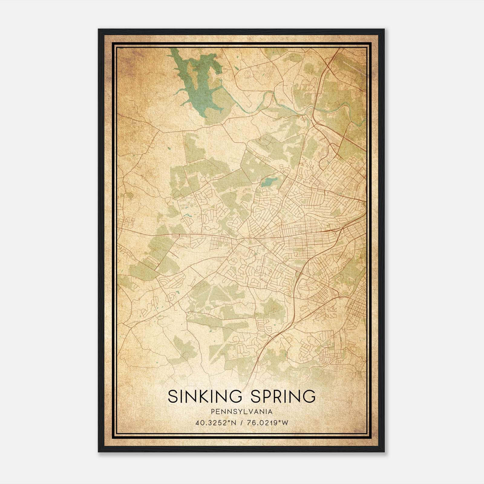 Vintage Sinking Spring Pennsylvania Map Poster, Sinking Spring PA City ...