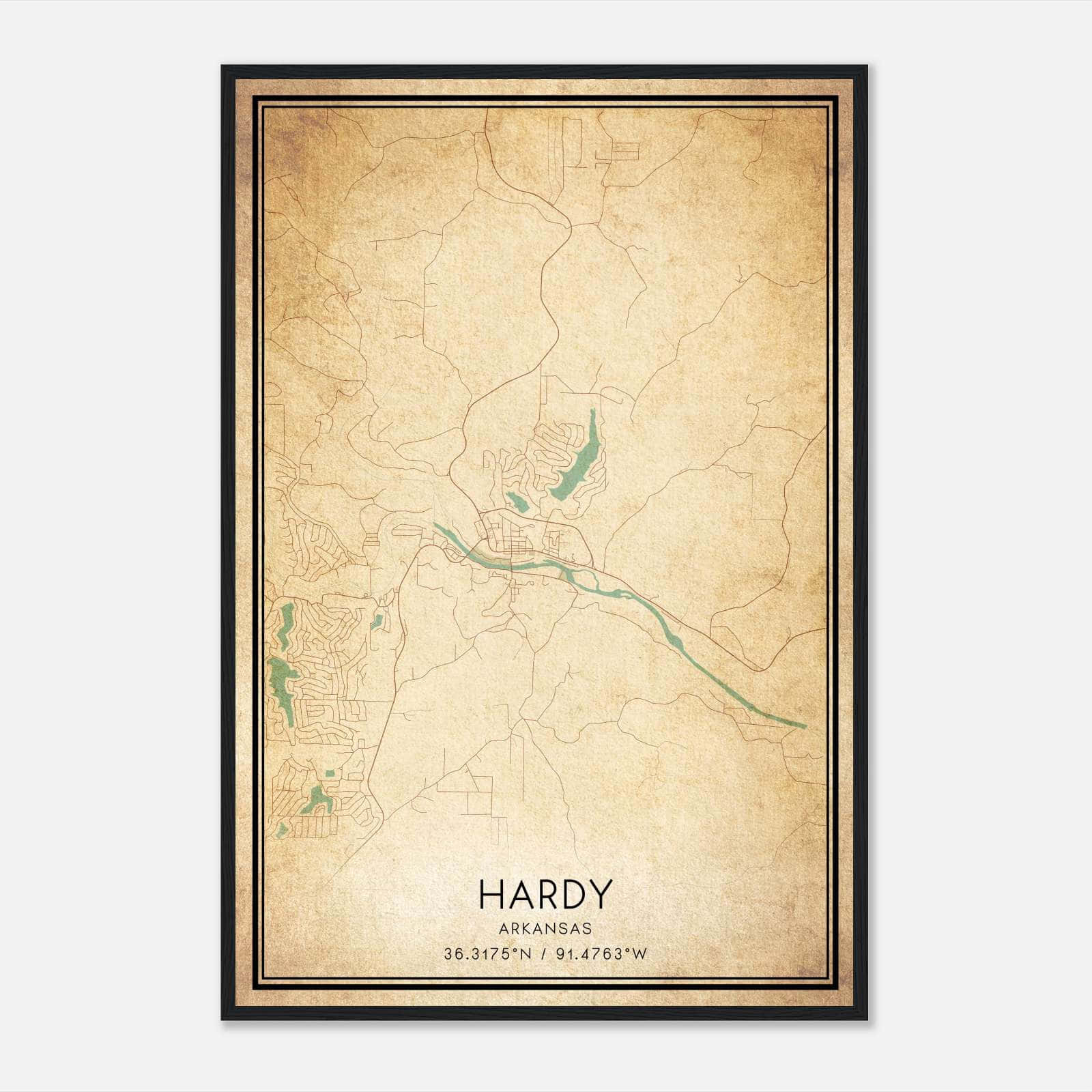 Vintage Hardy Arkansas Map Poster, Hardy AR City Road Wall Art Print - Custom Maps & Posters