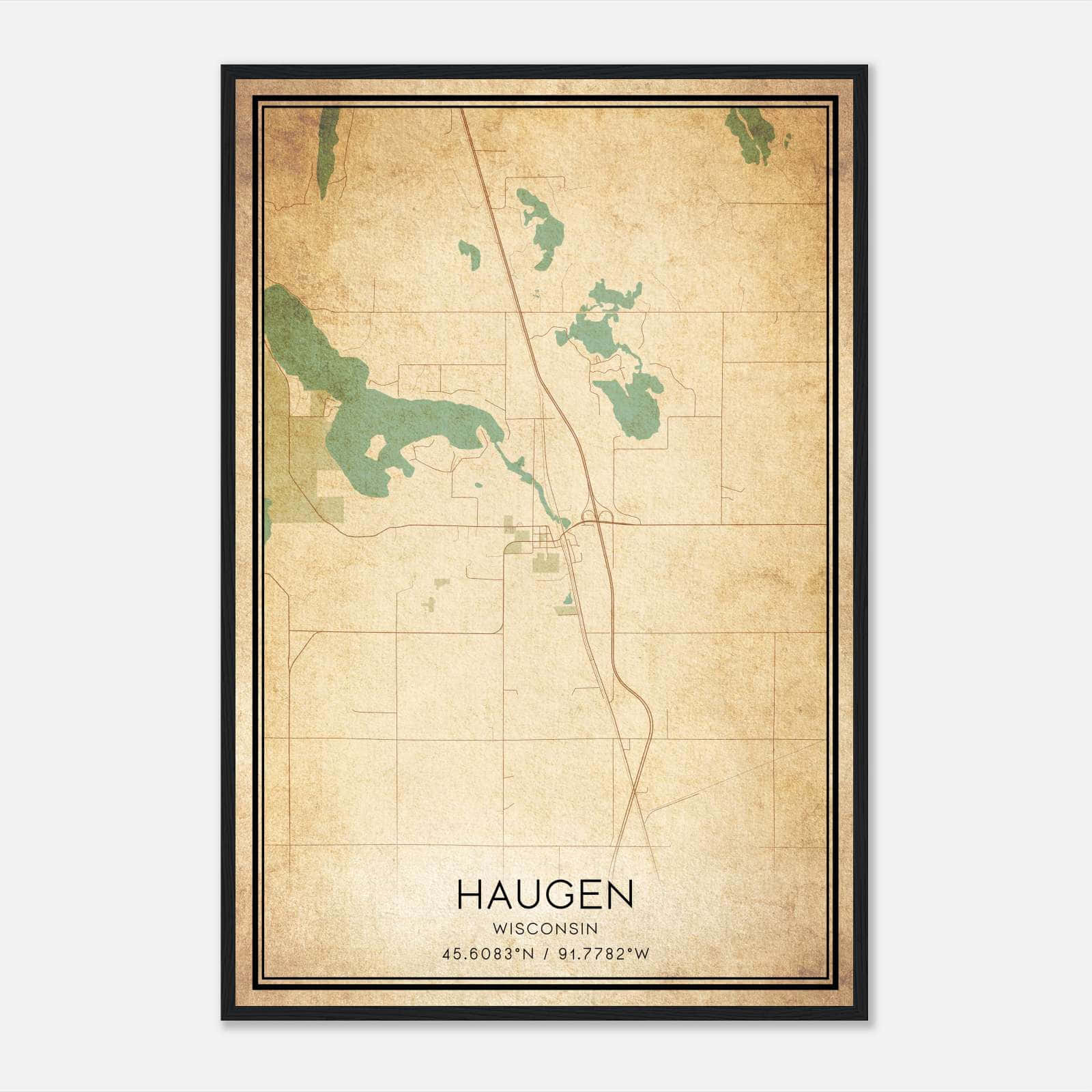 Vintage Haugen Wisconsin Map Poster, Haugen WI City Road Wall Art Print ...