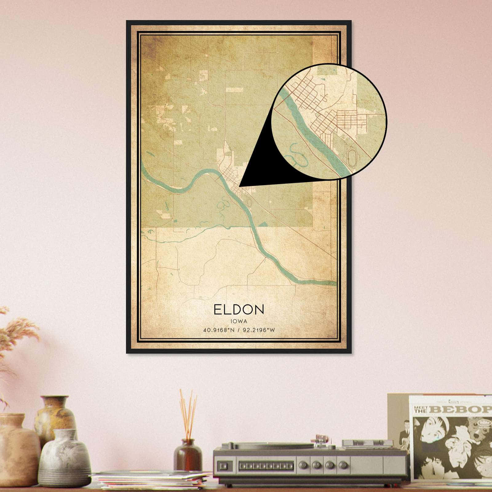 Vintage Eldon Iowa Map Poster, Eldon IA City Road Wall Art Print ...
