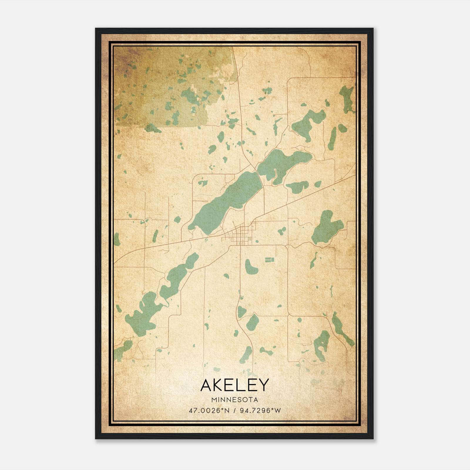Vintage Akeley Minnesota Map Poster, Akeley MN City Road Wall Art Print ...