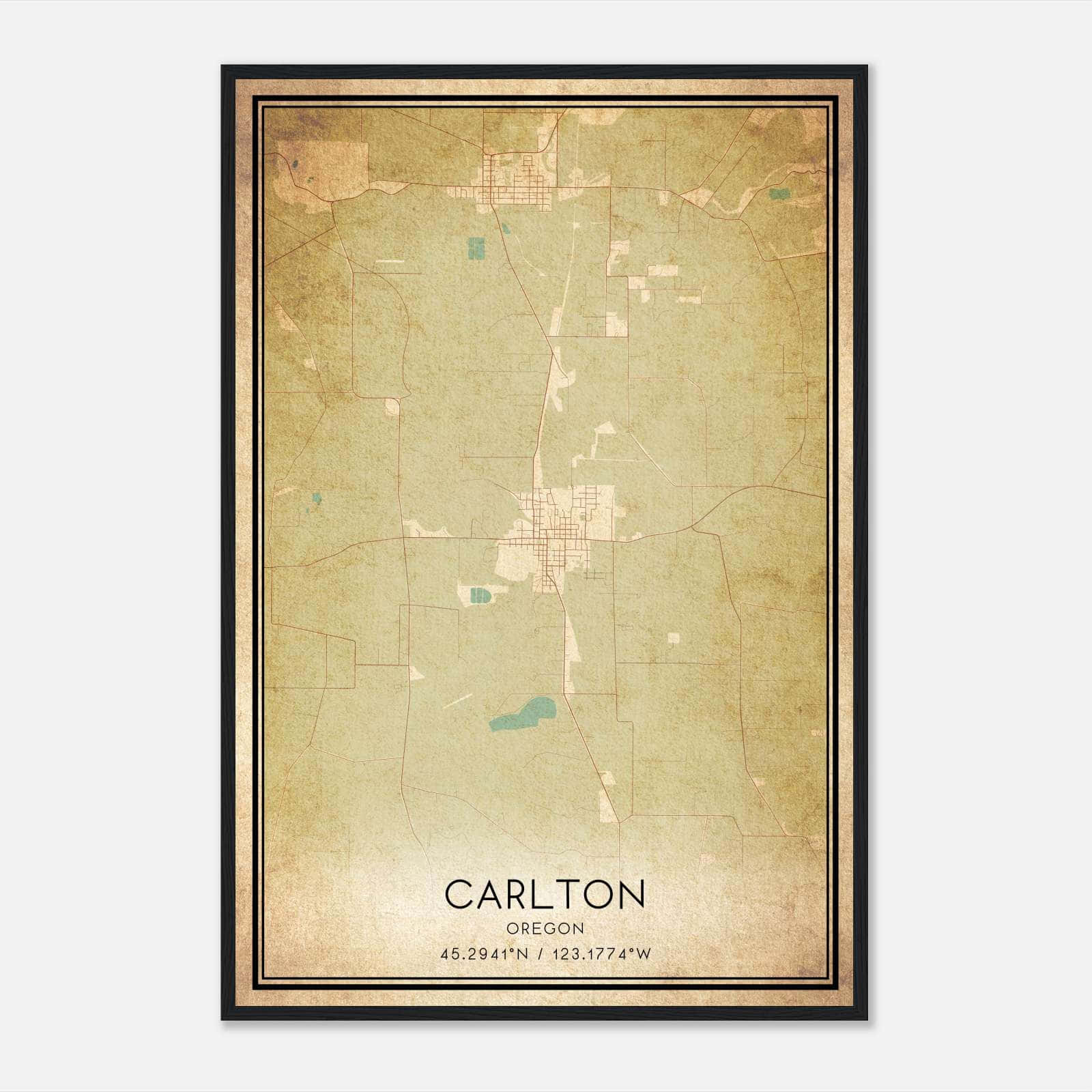 Vintage Carlton Oregon Map Poster, Carlton OR City Road Wall Art Print ...