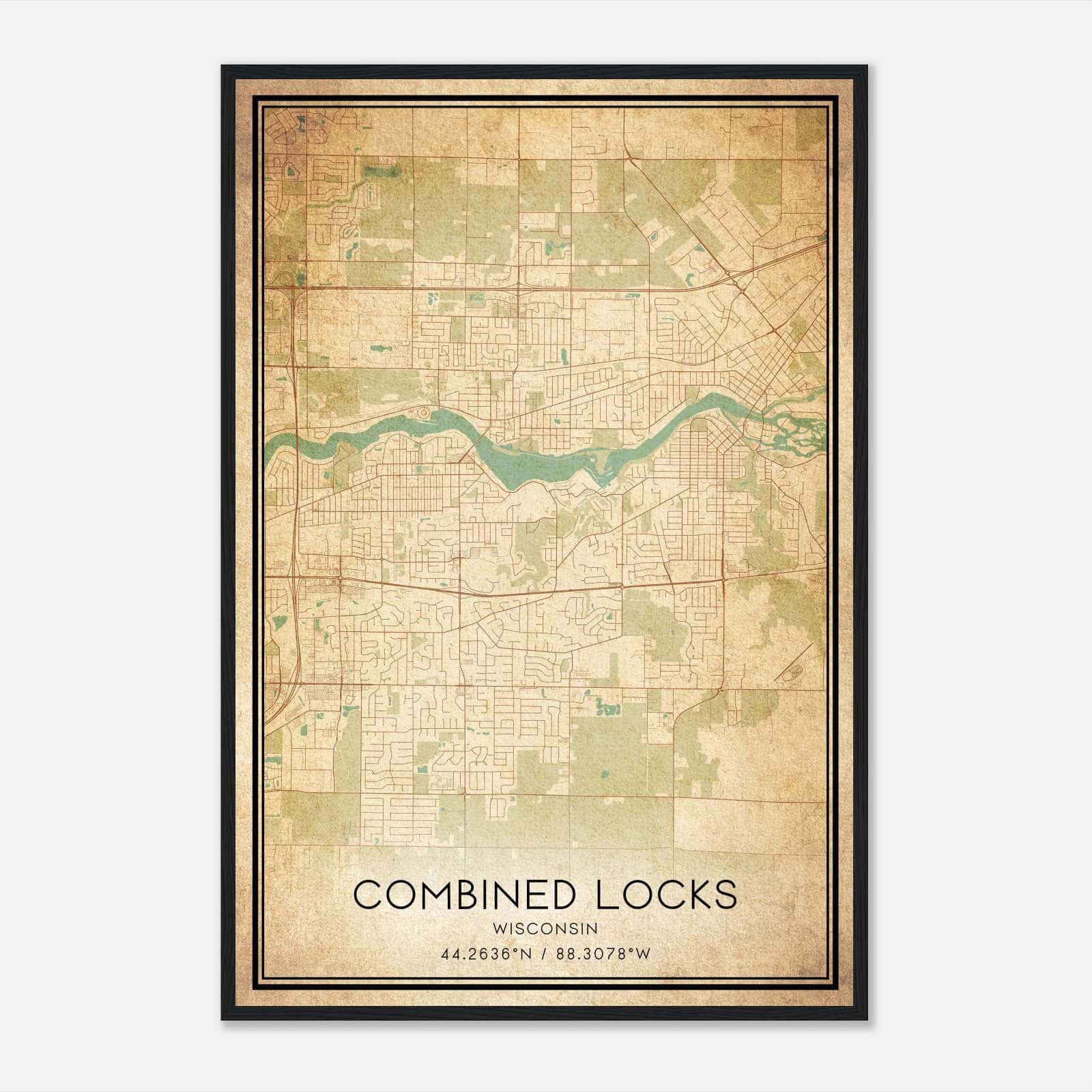 Vintage Combined Locks Wisconsin Map Poster, Combined Locks WI City ...