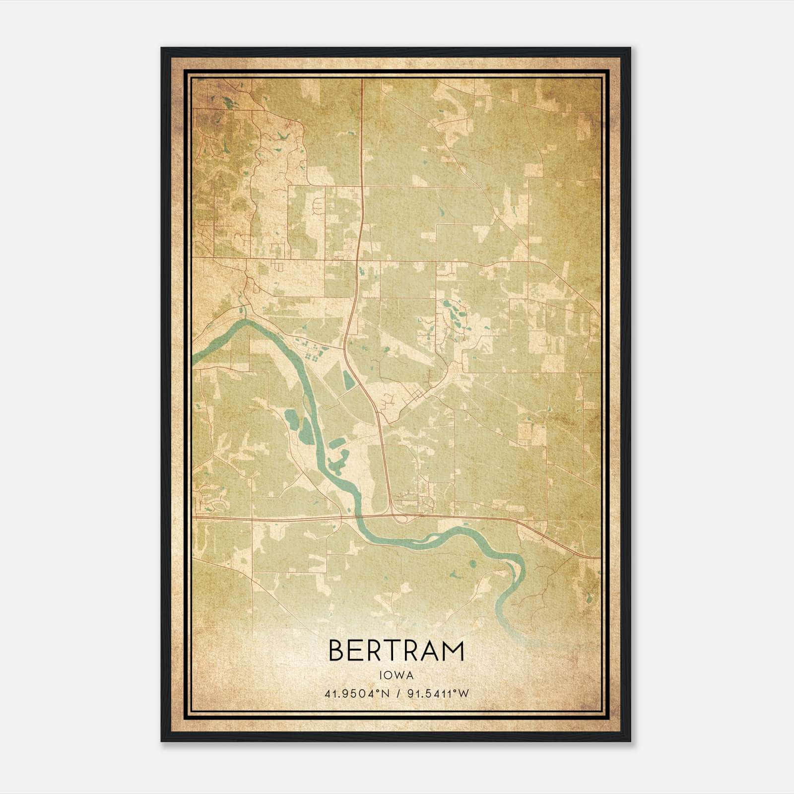 Vintage Bertram Iowa Map Poster, Bertram IA City Road Wall Art Print ...