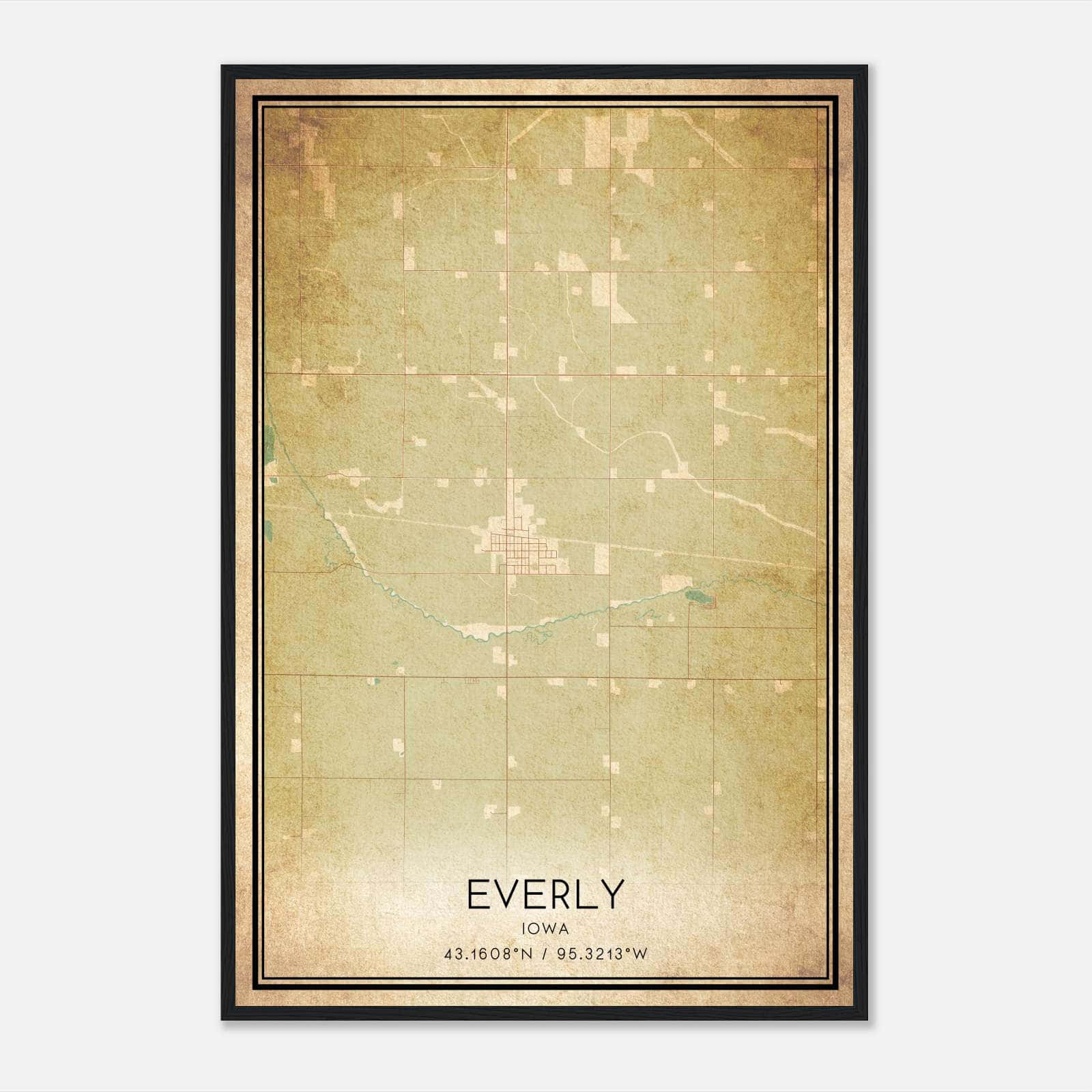 Vintage Everly Iowa Map Poster, Everly IA City Road Wall Art Print ...