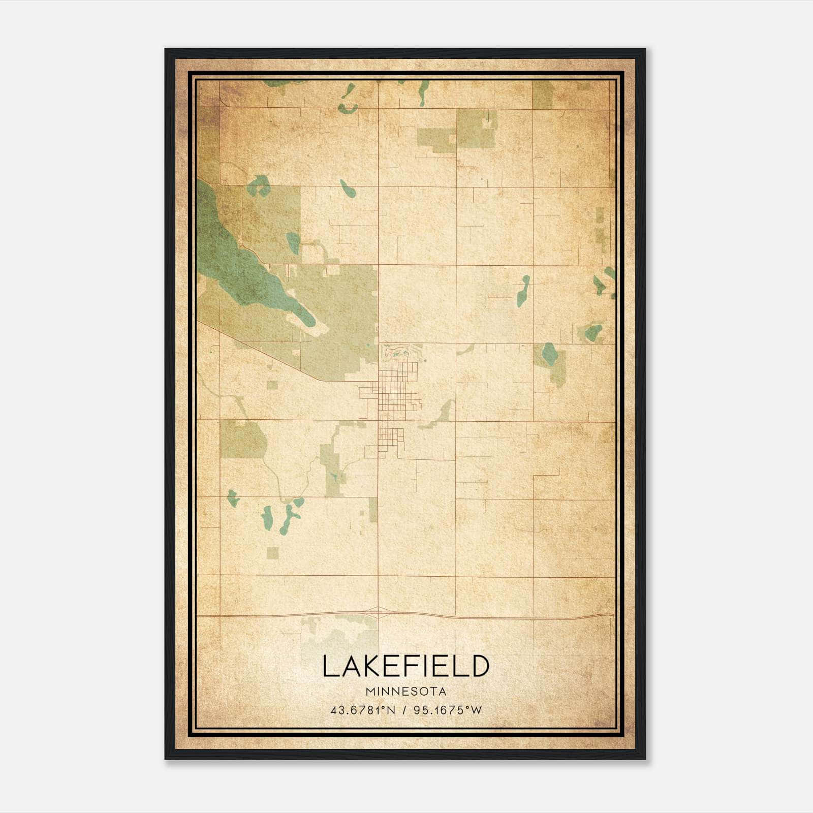 Vintage Lakefield Minnesota Map Poster, Lakefield MN City Road Wall Art ...